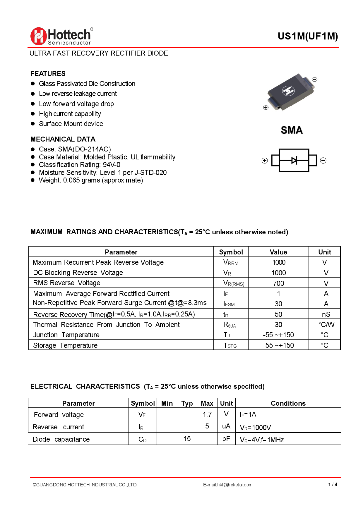 US1M_（Hottech(合科泰)）US1M中文资料_价格_PDF手册-立创电子商城