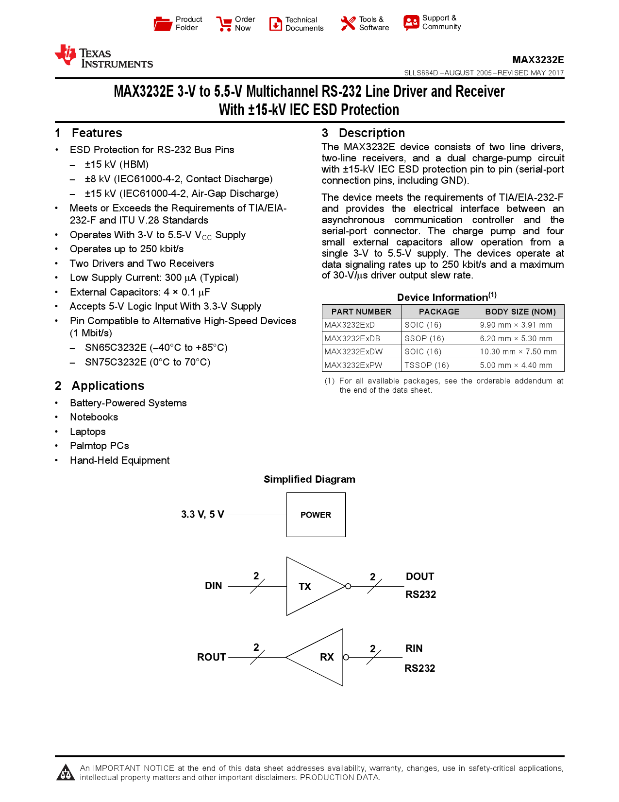 MAX3232EIDR_（TI(德州仪器)）MAX3232EIDR中文资料_价格_PDF手册-立创电子商城