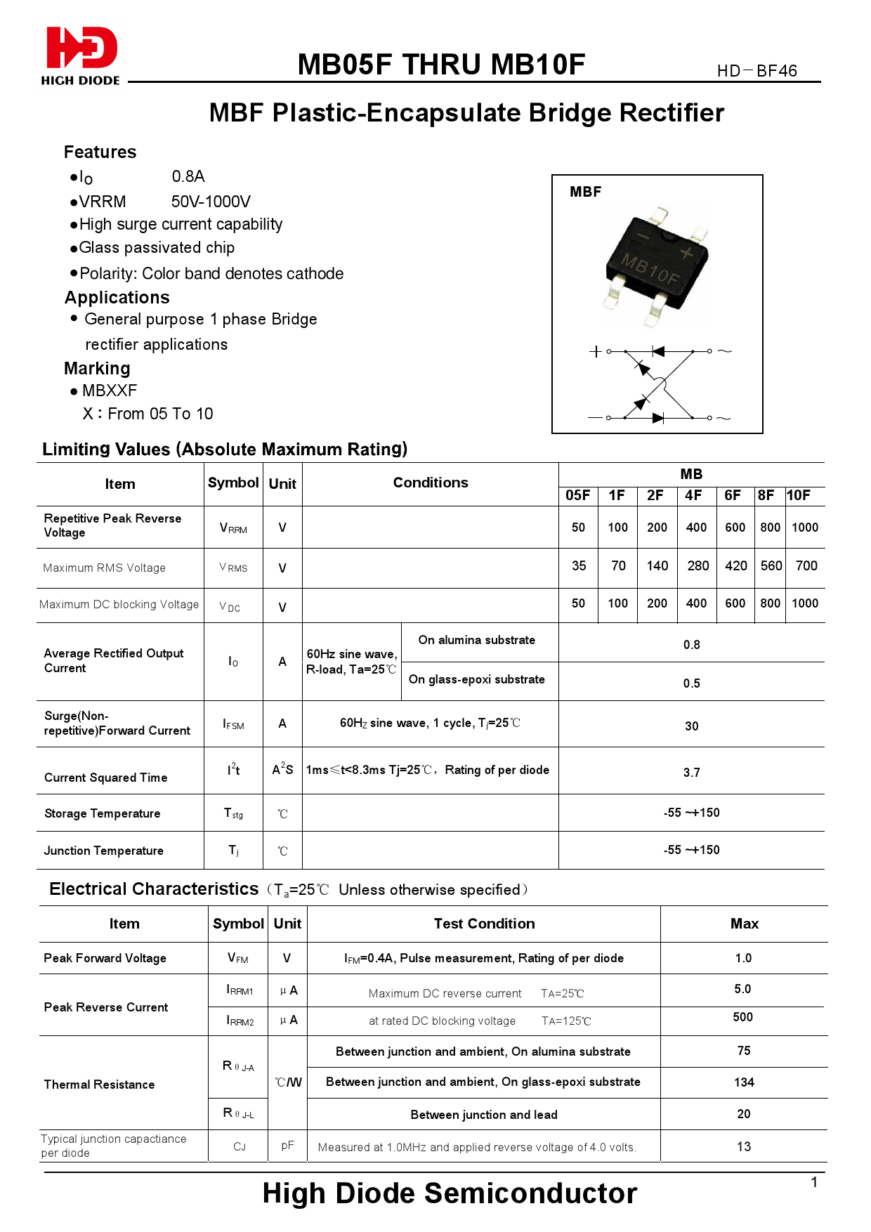 MB6F_（High Diode(海德)）MB6F中文资料_价格_PDF手册-立创电子商城