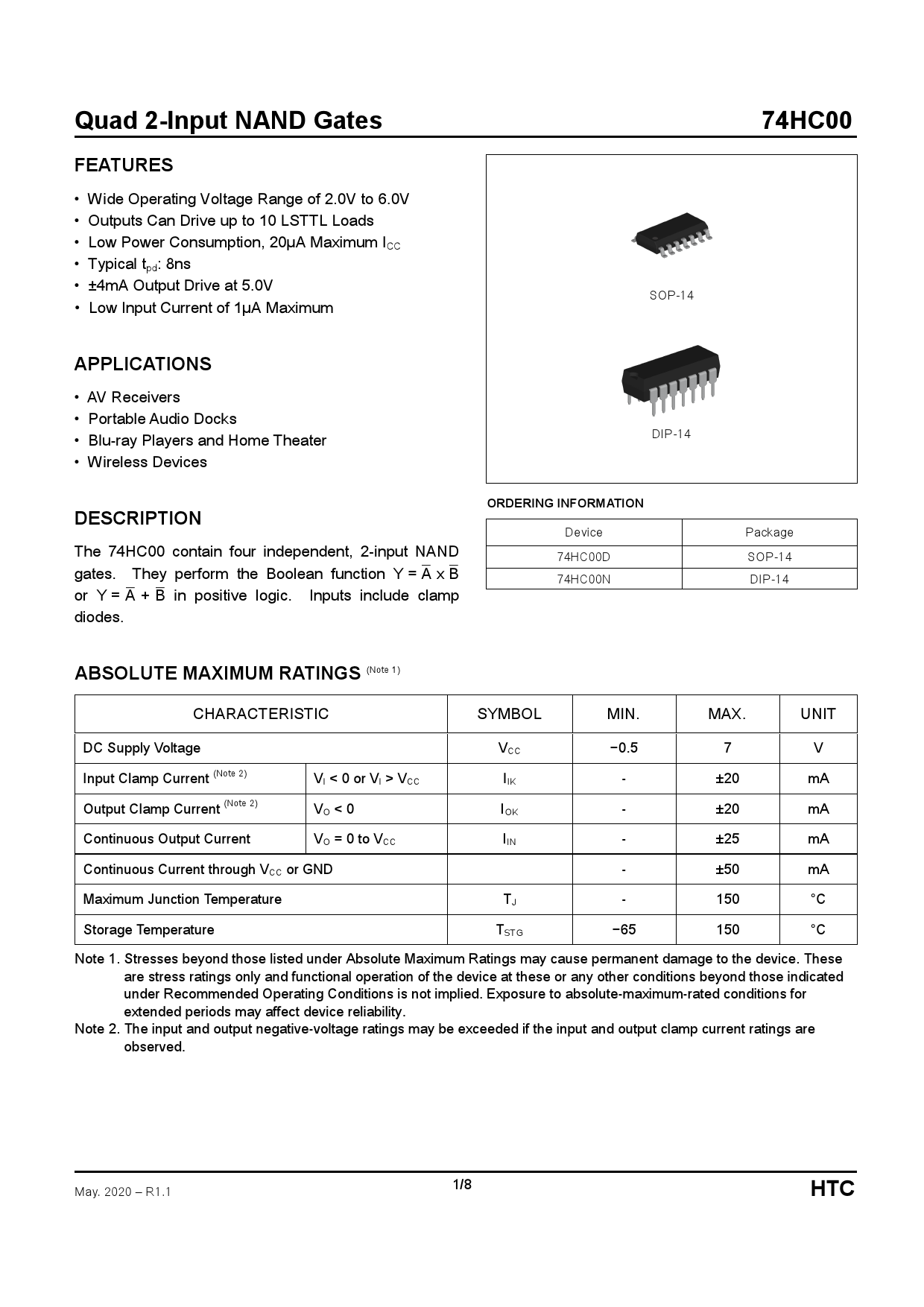 74HC00N_（HTC）74HC00N中文资料_价格_PDF手册-立创电子商城