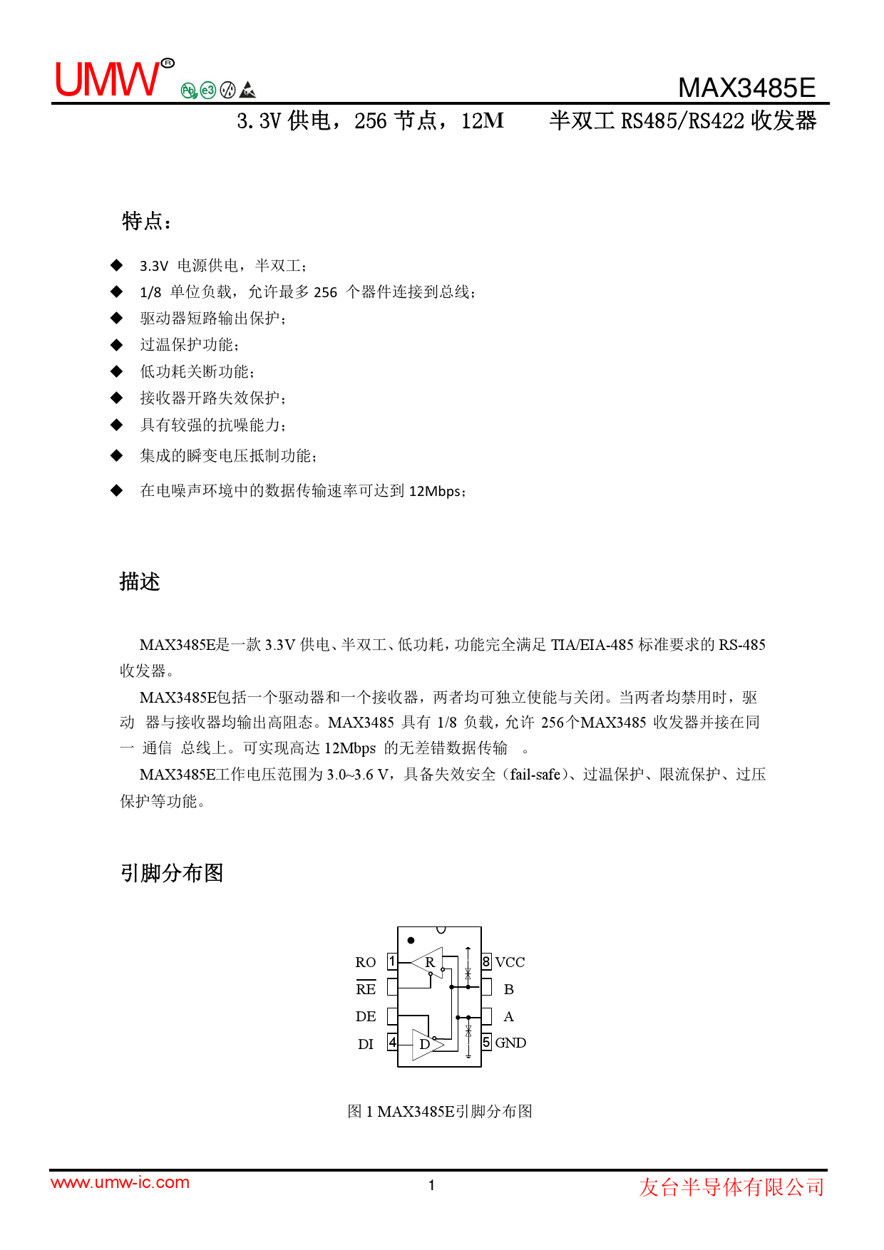 MAX3485ESA_（UMW(友台半导体)）MAX3485ESA中文资料_价格_PDF手册-立创电子商城