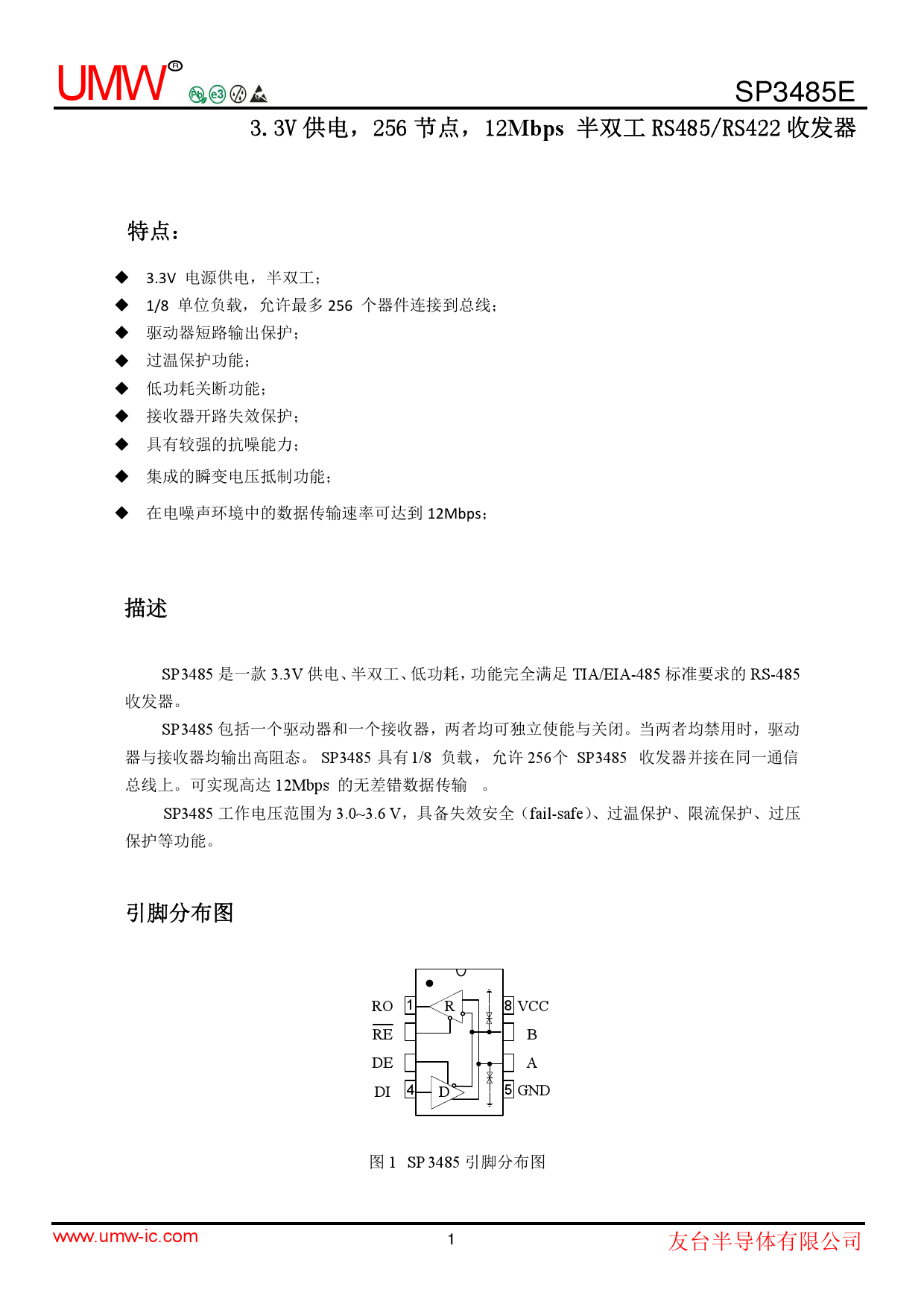 SP3485EEN_（UMW(友台半导体)）SP3485EEN中文资料_价格_PDF手册-立创电子商城