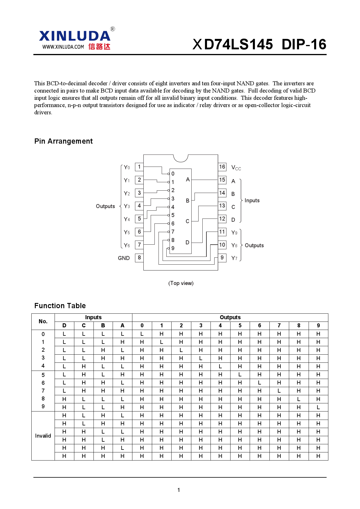 XD74LS145_（XINLUDA(信路达)）XD74LS145中文资料_价格_PDF手册-立创电子商城