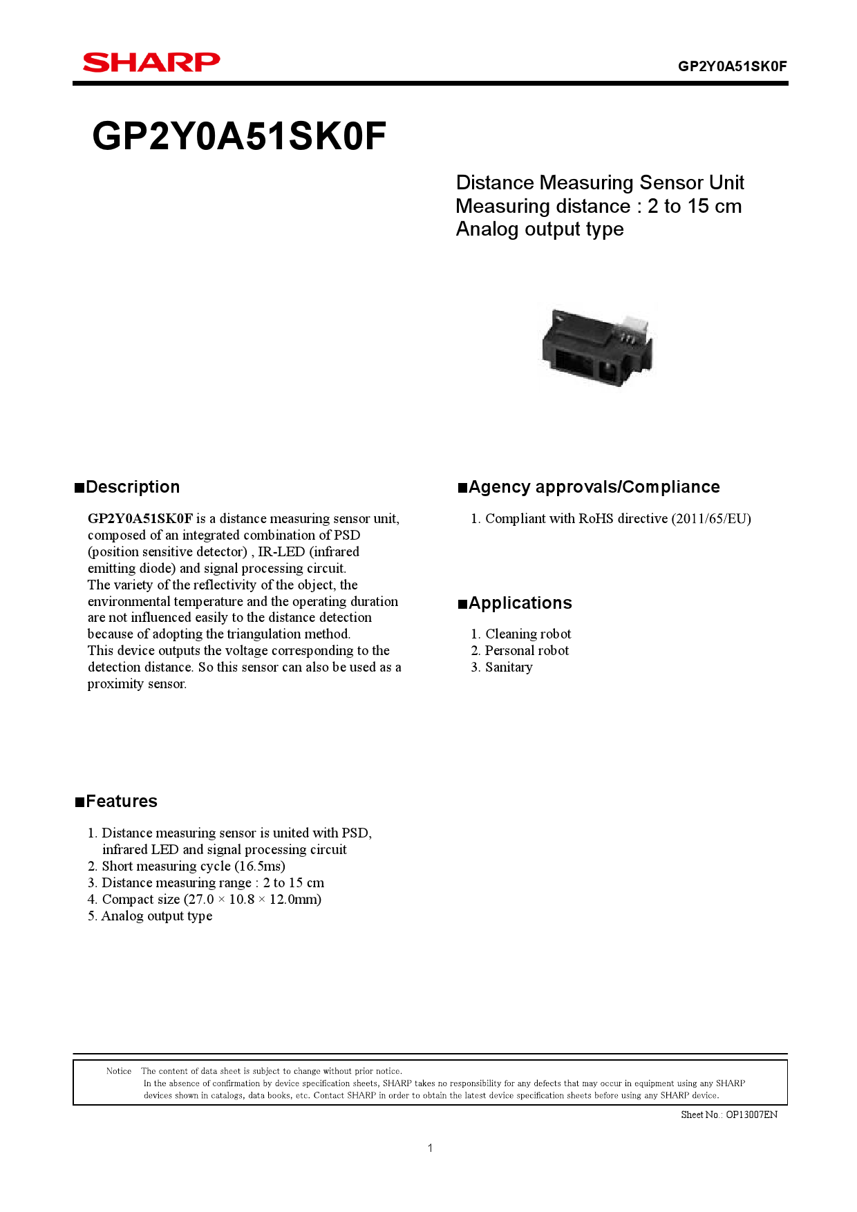 GP2Y0A51SK0F_（SHARP(夏普)）GP2Y0A51SK0F中文资料_价格_PDF手册-立创电子商城