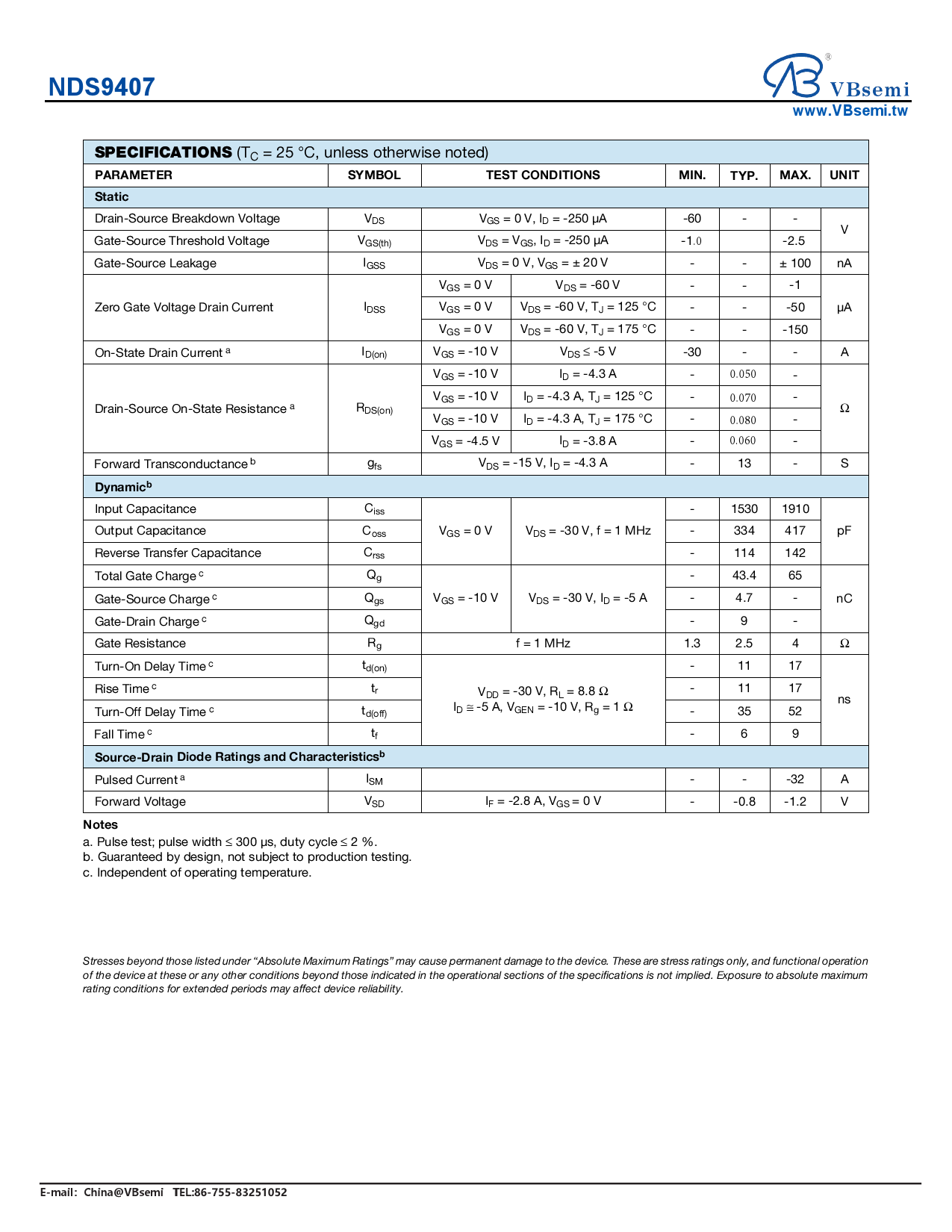 NDS9407_（VBsemi(微碧)）NDS9407中文资料_价格_PDF手册-立创电子商城