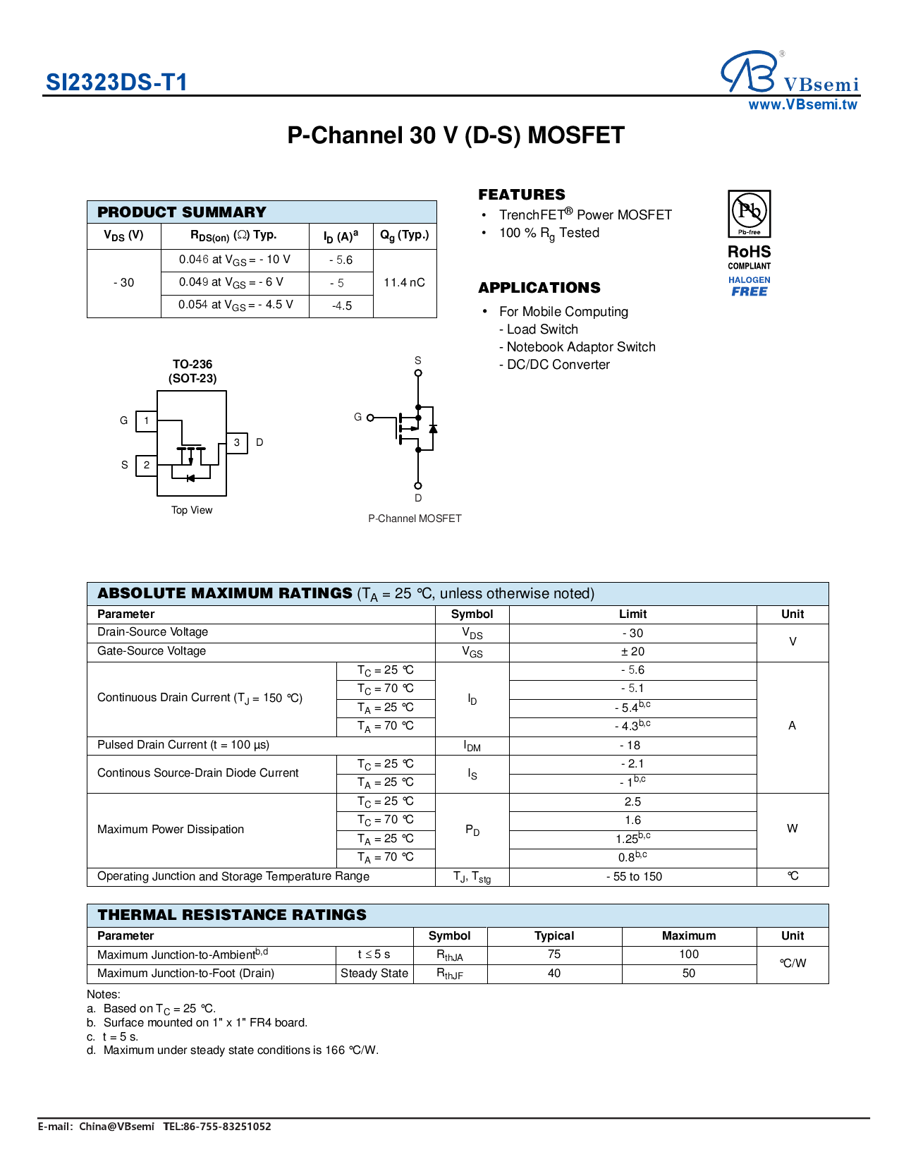 SI2323DS-T1_（VBsemi(台湾微碧)）SI2323DS-T1中文资料_价格_PDF手册-立创电子商城
