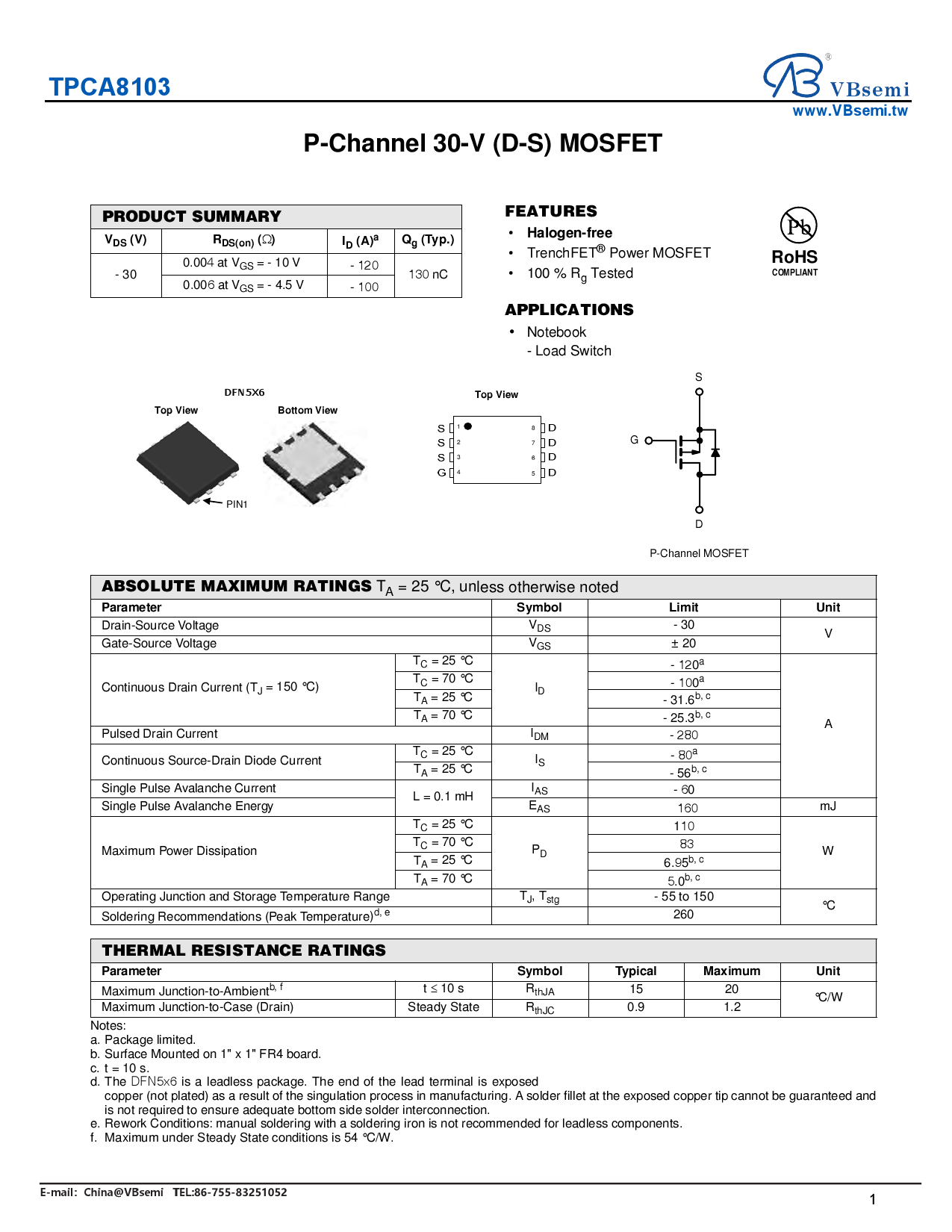 TPCA8103_（VBsemi(微碧)）TPCA8103中文资料_价格_PDF手册-立创电子商城