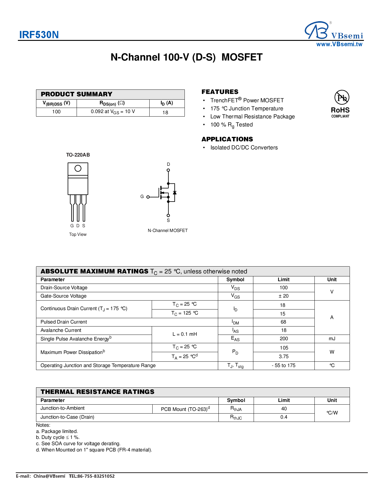 IRF530N_（VBsemi(微碧)）IRF530N中文资料_价格_PDF手册-立创电子商城