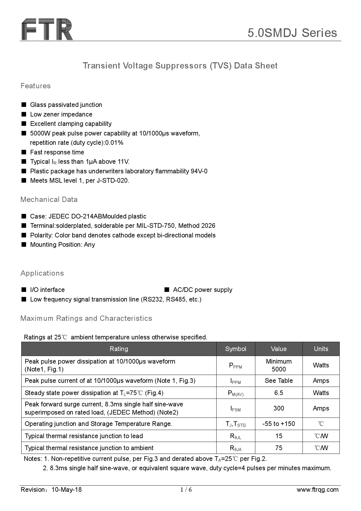 5.0SMDJ33CA_（FTR(乔光电子)）5.0SMDJ33CA中文资料_价格_PDF手册-立创电子商城