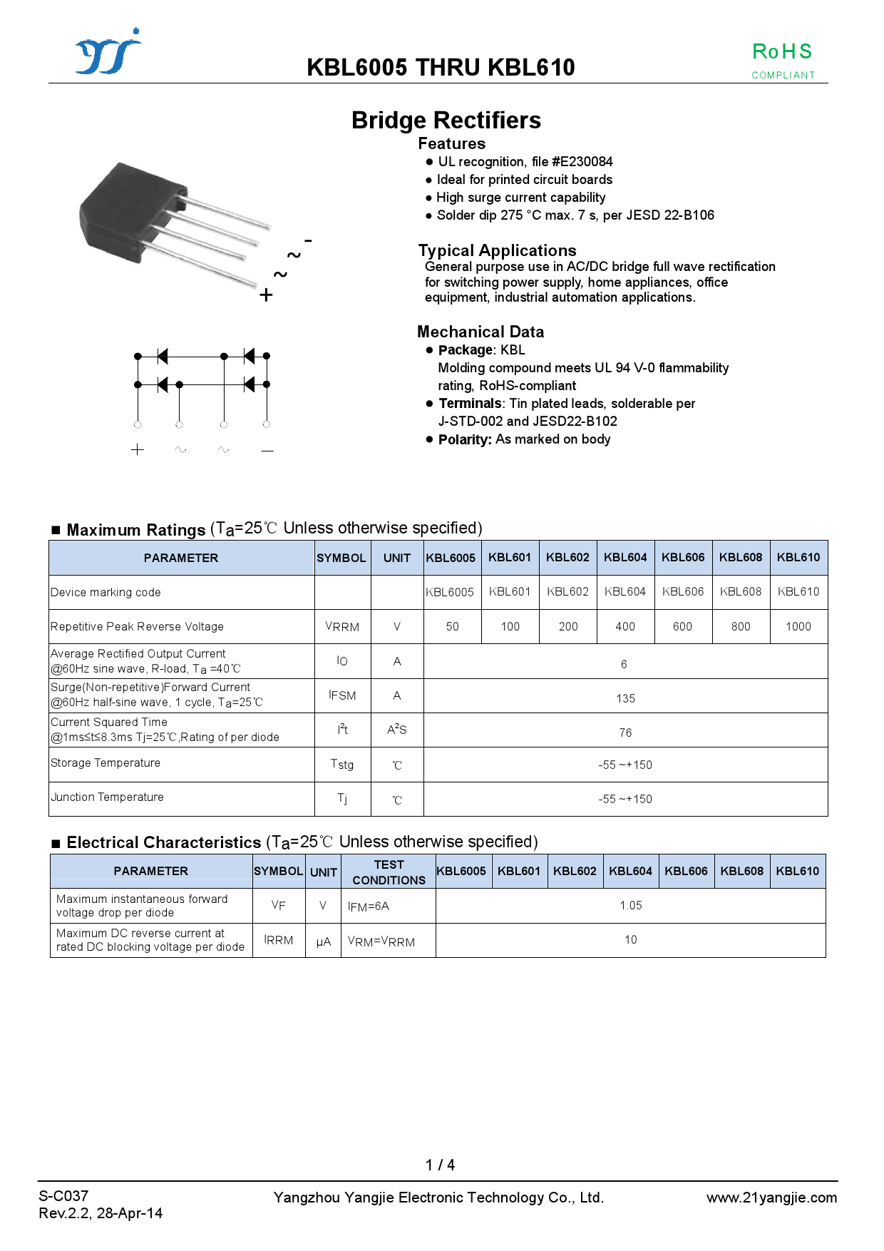 KBL606_（YANGJIE(扬杰)）KBL606中文资料_价格_PDF手册-立创电子商城