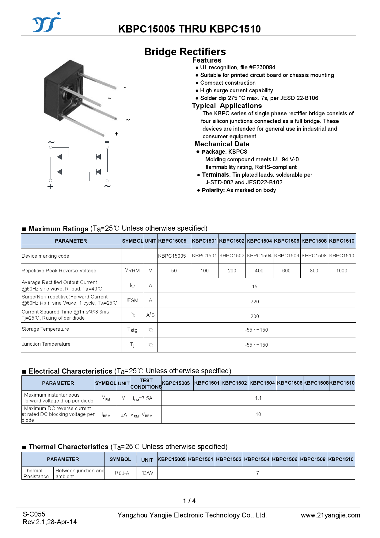 KBPC1510_（YANGJIE(扬杰)）KBPC1510中文资料_价格_PDF手册-立创电子商城