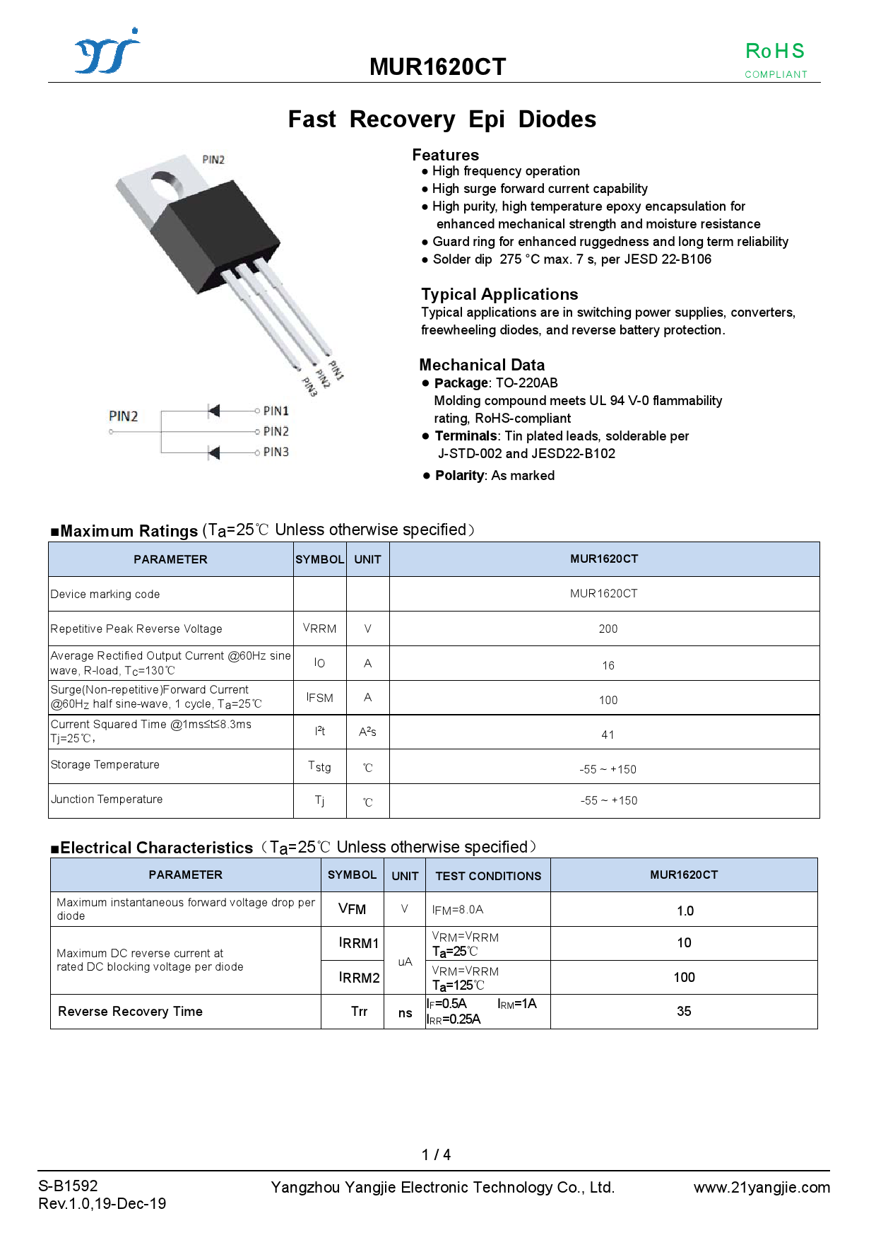MUR1620CT_（YANGJIE(扬杰)）MUR1620CT中文资料_价格_PDF手册-立创电子商城