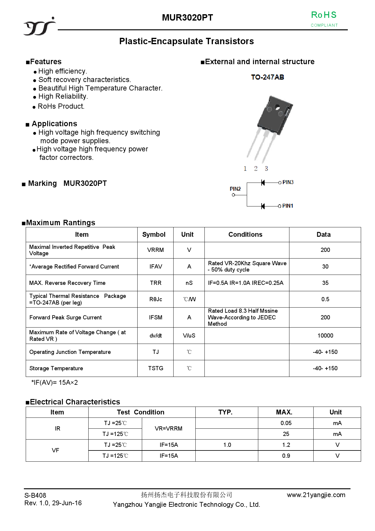 MUR3020PT_（YANGJIE(扬杰)）MUR3020PT中文资料_价格_PDF手册-立创电子商城