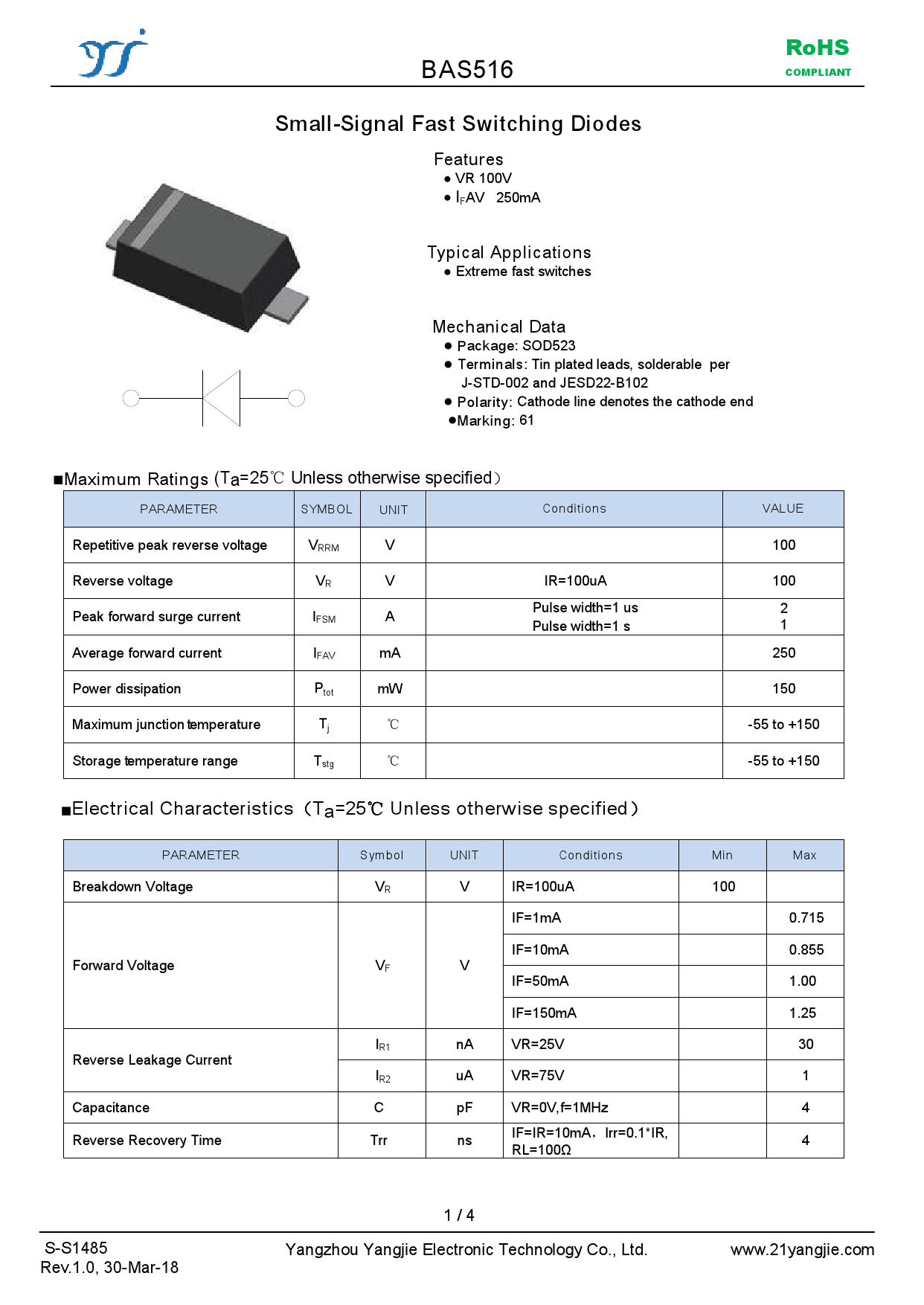 BAS516_（YANGJIE(扬杰)）BAS516中文资料_价格_PDF手册-立创电子商城