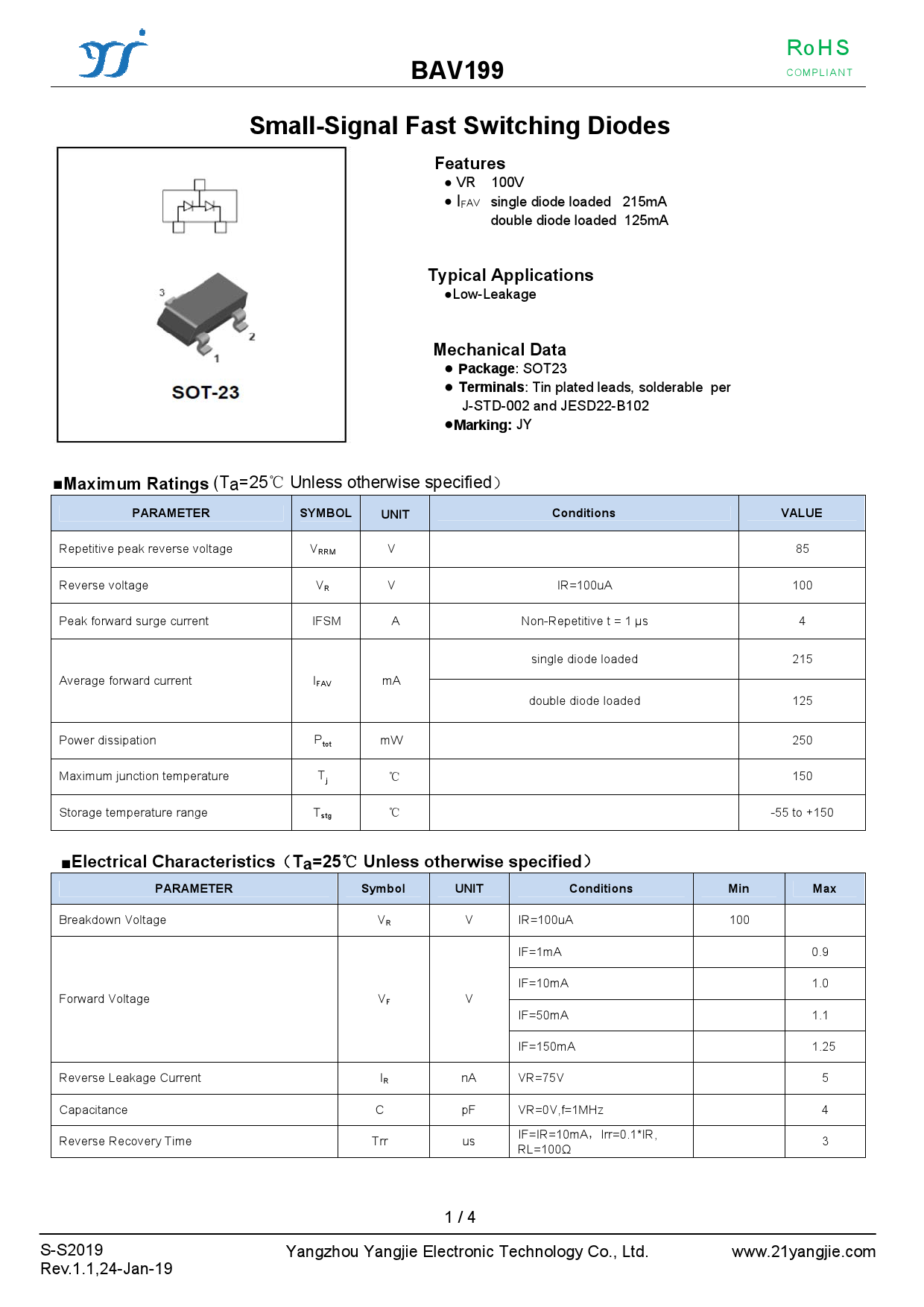 BAV199_（YANGJIE(扬杰)）BAV199中文资料_价格_PDF手册-立创电子商城