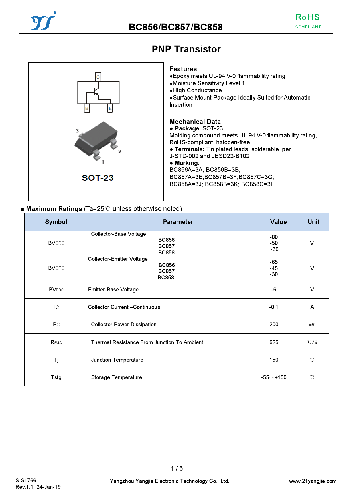 BC856A_（YANGJIE(扬杰)）BC856A中文资料_价格_PDF手册-立创电子商城