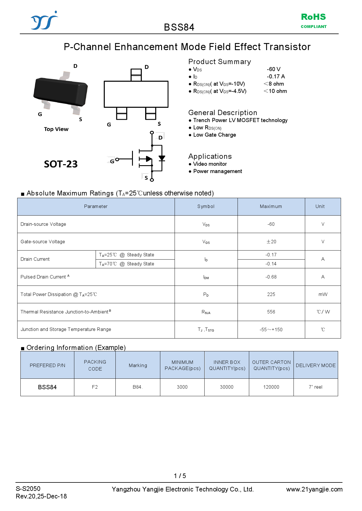 BSS84_（YANGJIE(扬杰)）BSS84中文资料_价格_PDF手册-立创电子商城