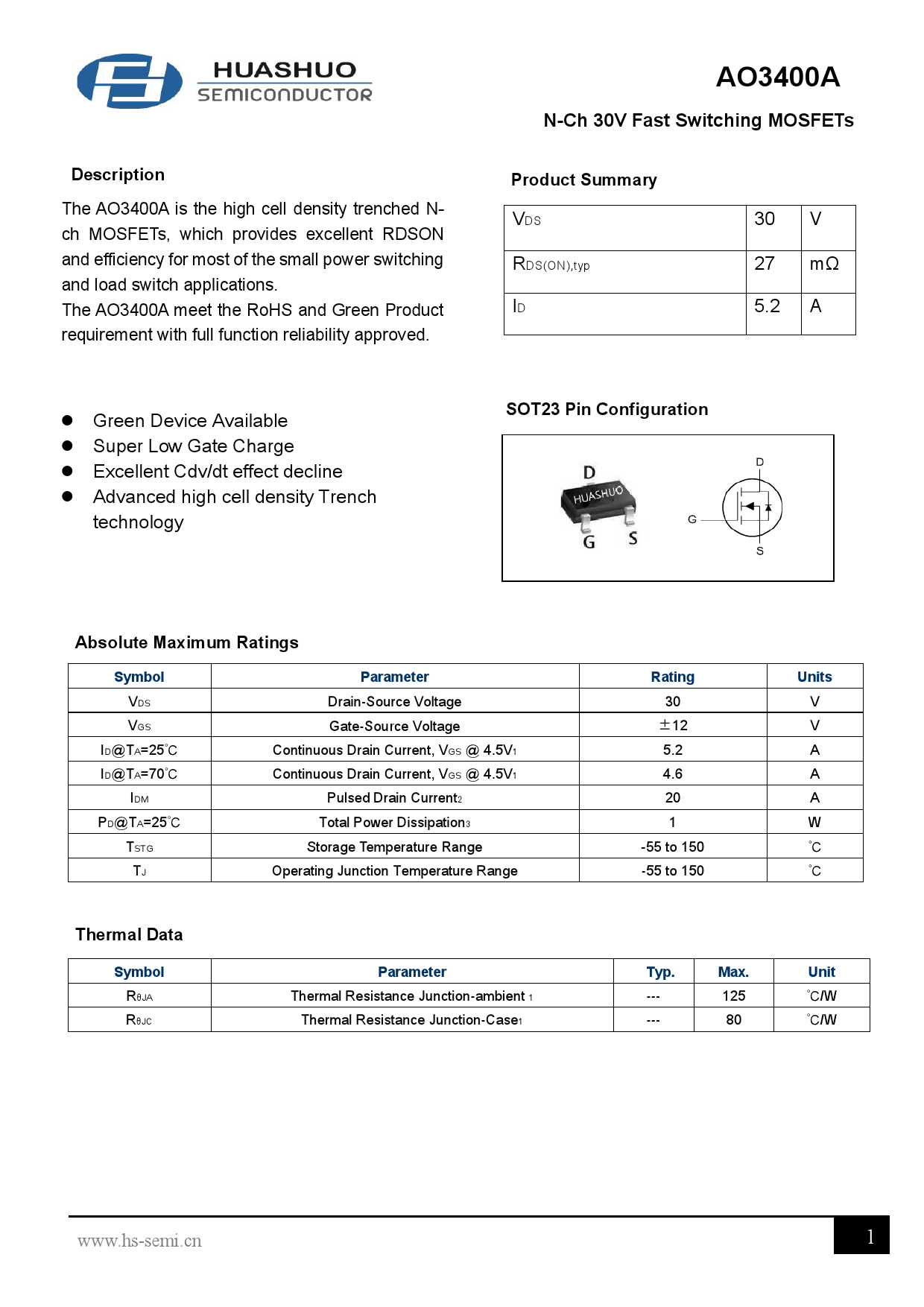 AO3400A_（HUASHUO(华朔)）AO3400A中文资料_价格_PDF手册-立创电子商城