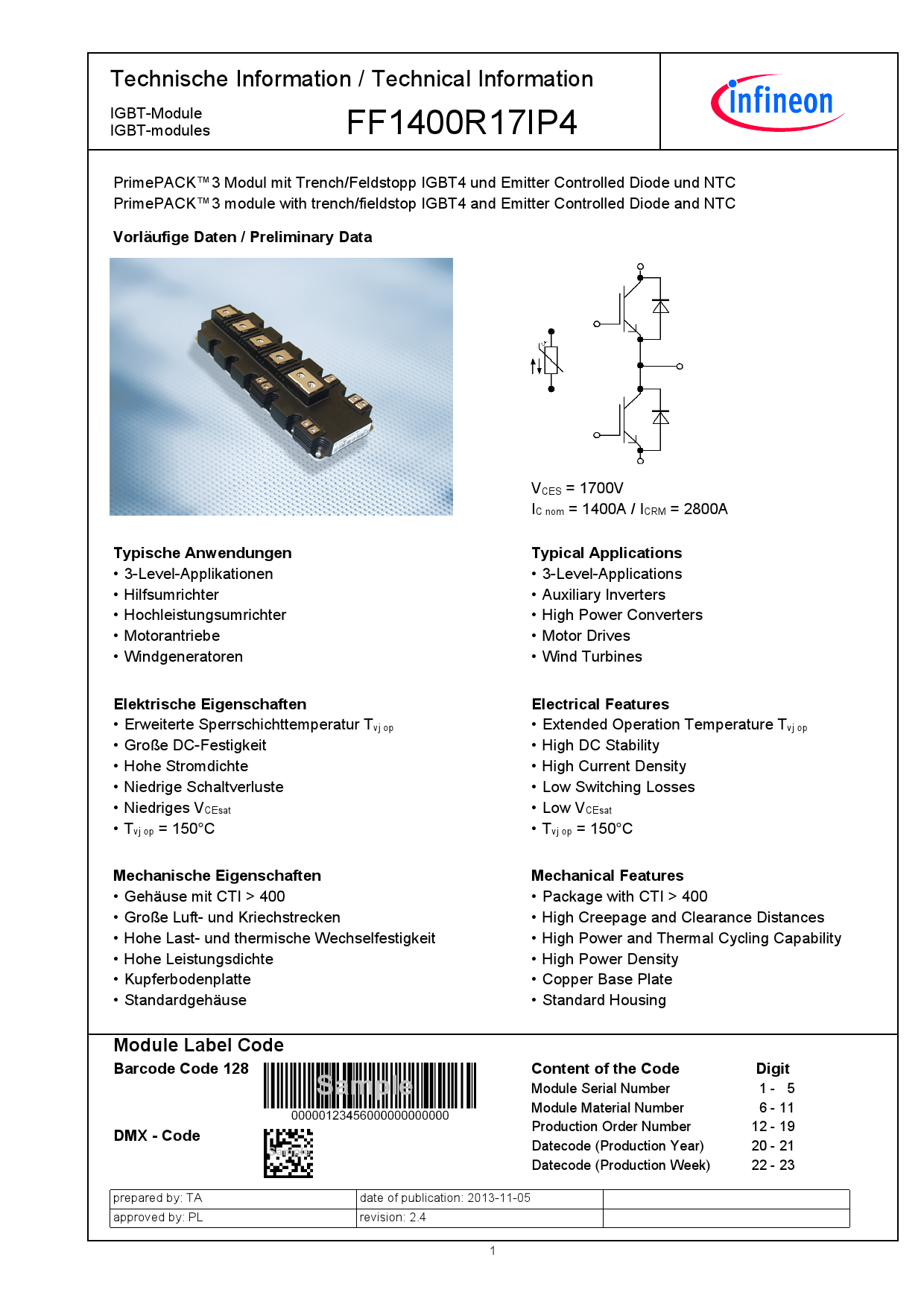 FF1400R17IP4_（Infineon(英飞凌)）FF1400R17IP4中文资料_价格_PDF手册-立创电子商城