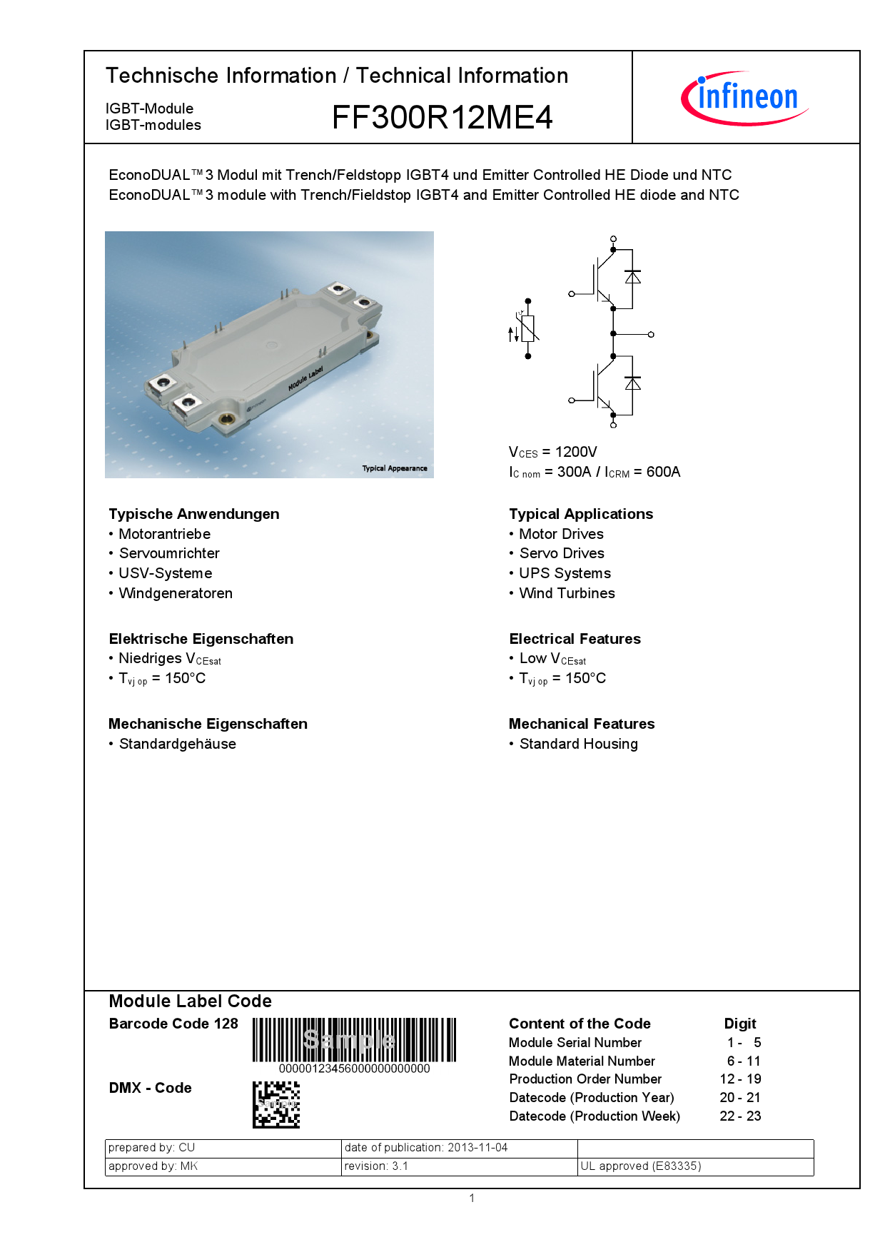 FF300R12ME4_（Infineon(英飞凌)）FF300R12ME4中文资料_价格_PDF手册-立创电子商城