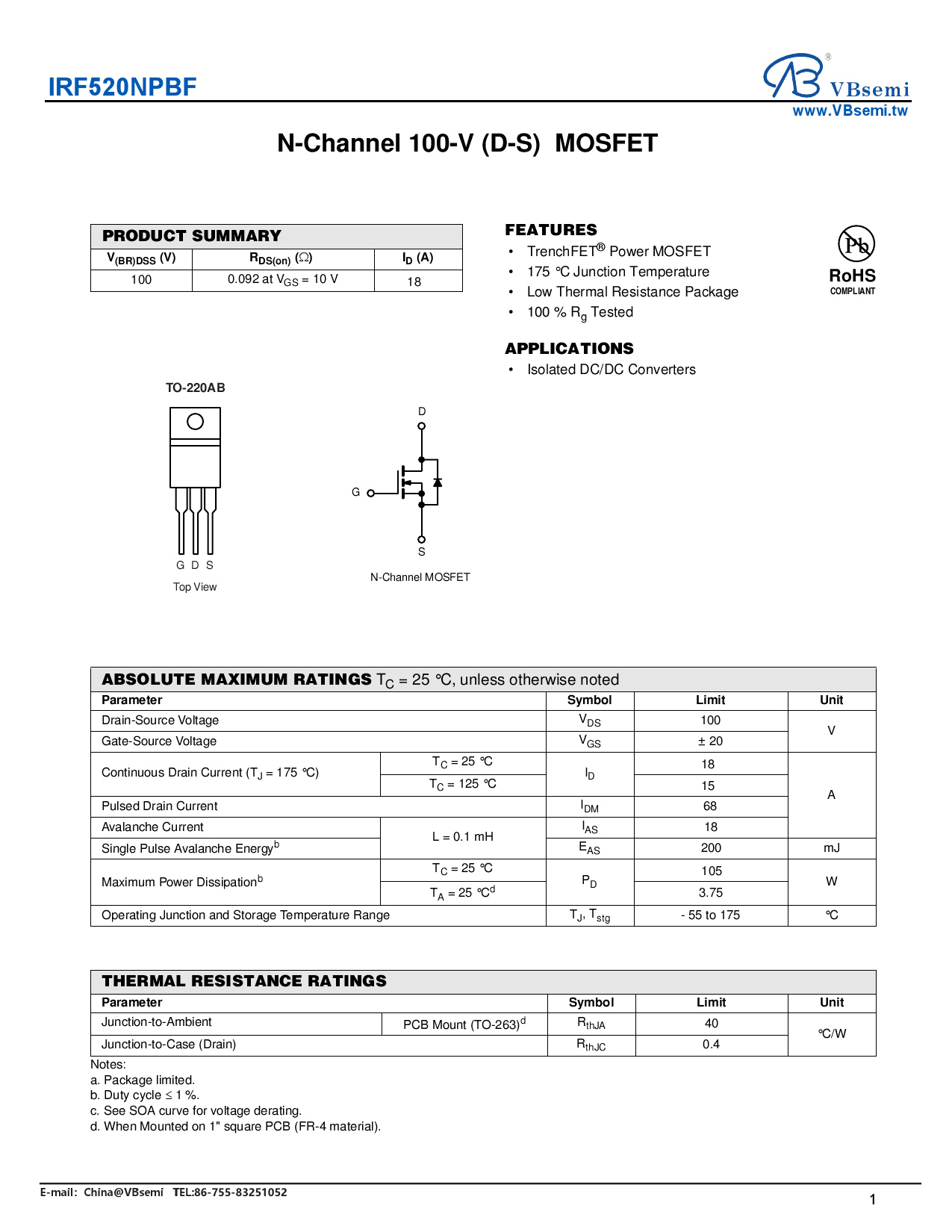 IRF520NPBF_（VBsemi(台湾微碧)）IRF520NPBF中文资料_价格_PDF手册-立创电子商城