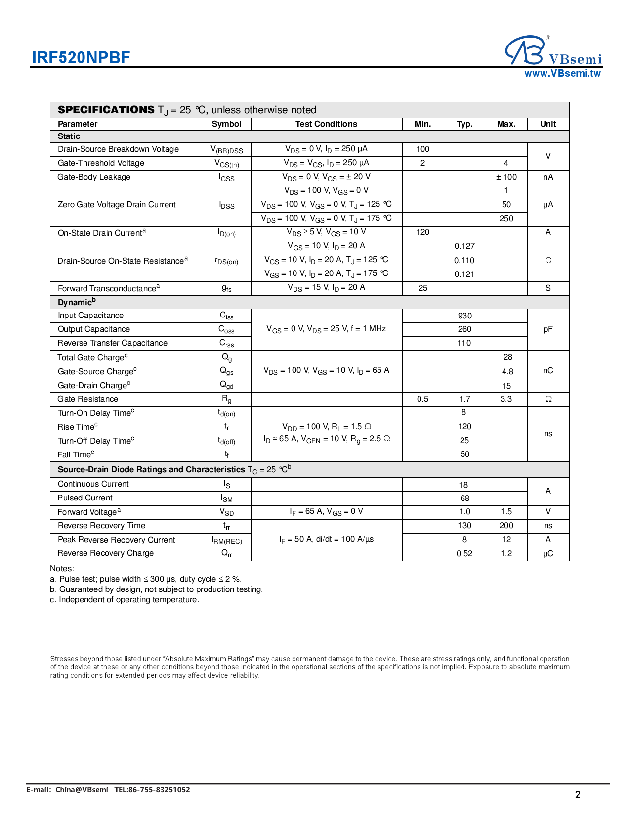 IRF520NPBF_（VBsemi(台湾微碧)）IRF520NPBF中文资料_价格_PDF手册-立创电子商城