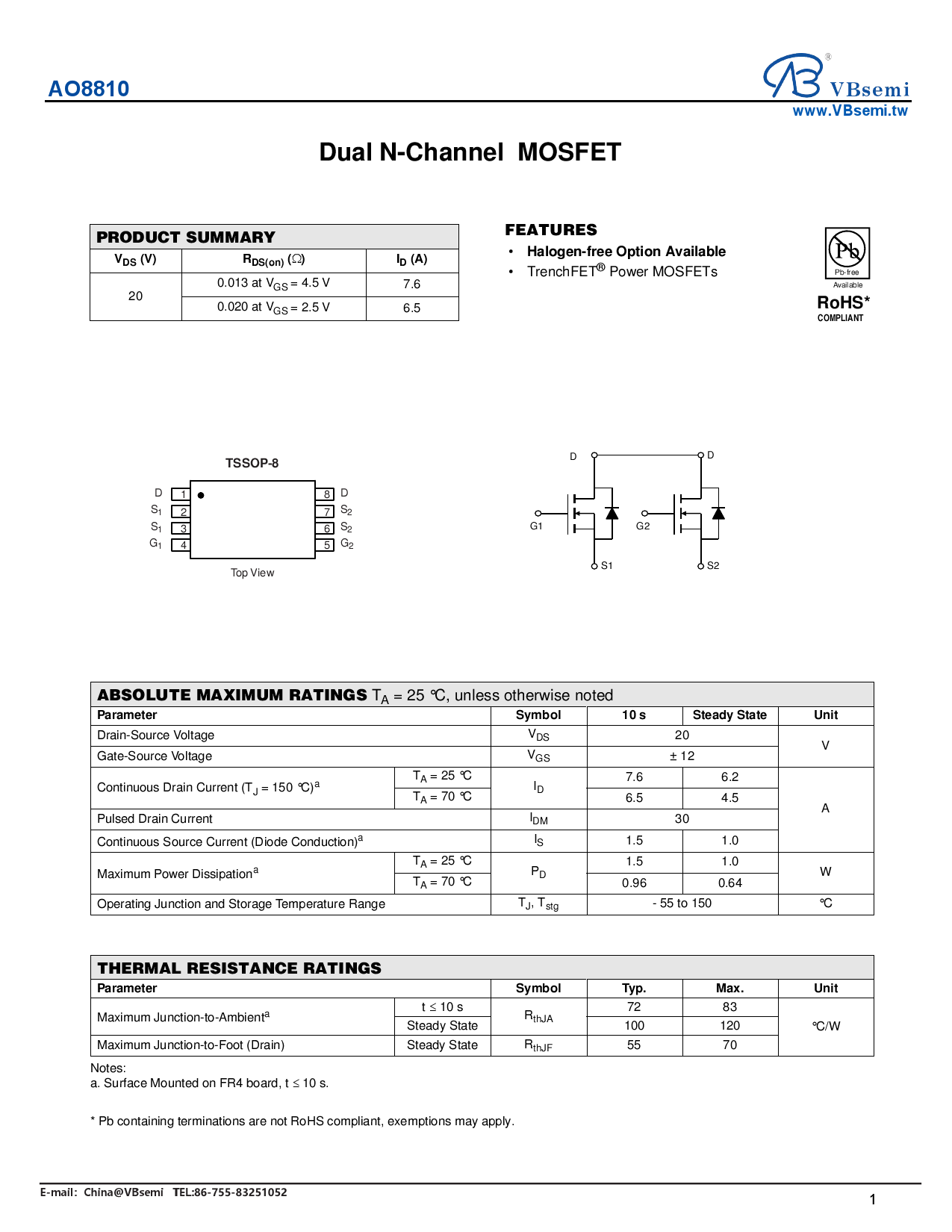 AO8810_（VBsemi(台湾微碧)）AO8810中文资料_价格_PDF手册-立创电子商城