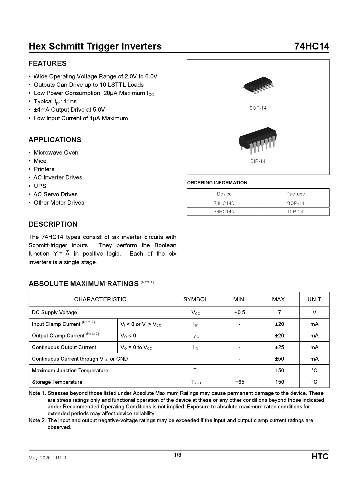 74HC14D_（HTC）74HC14D中文资料_价格_PDF手册-立创电子商城
