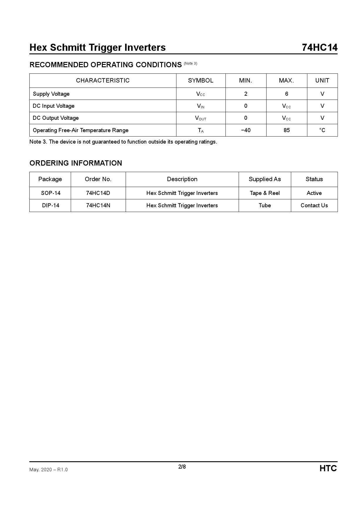 74HC14D_（HTC）74HC14D中文资料_价格_PDF手册-立创电子商城