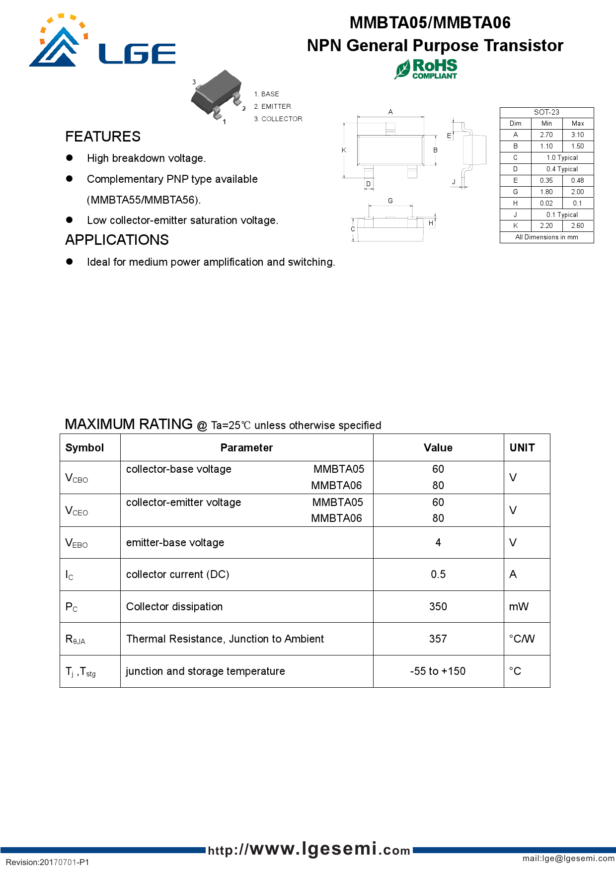 MMBTA06_（LGE(鲁光)）MMBTA06中文资料_价格_PDF手册-立创电子商城