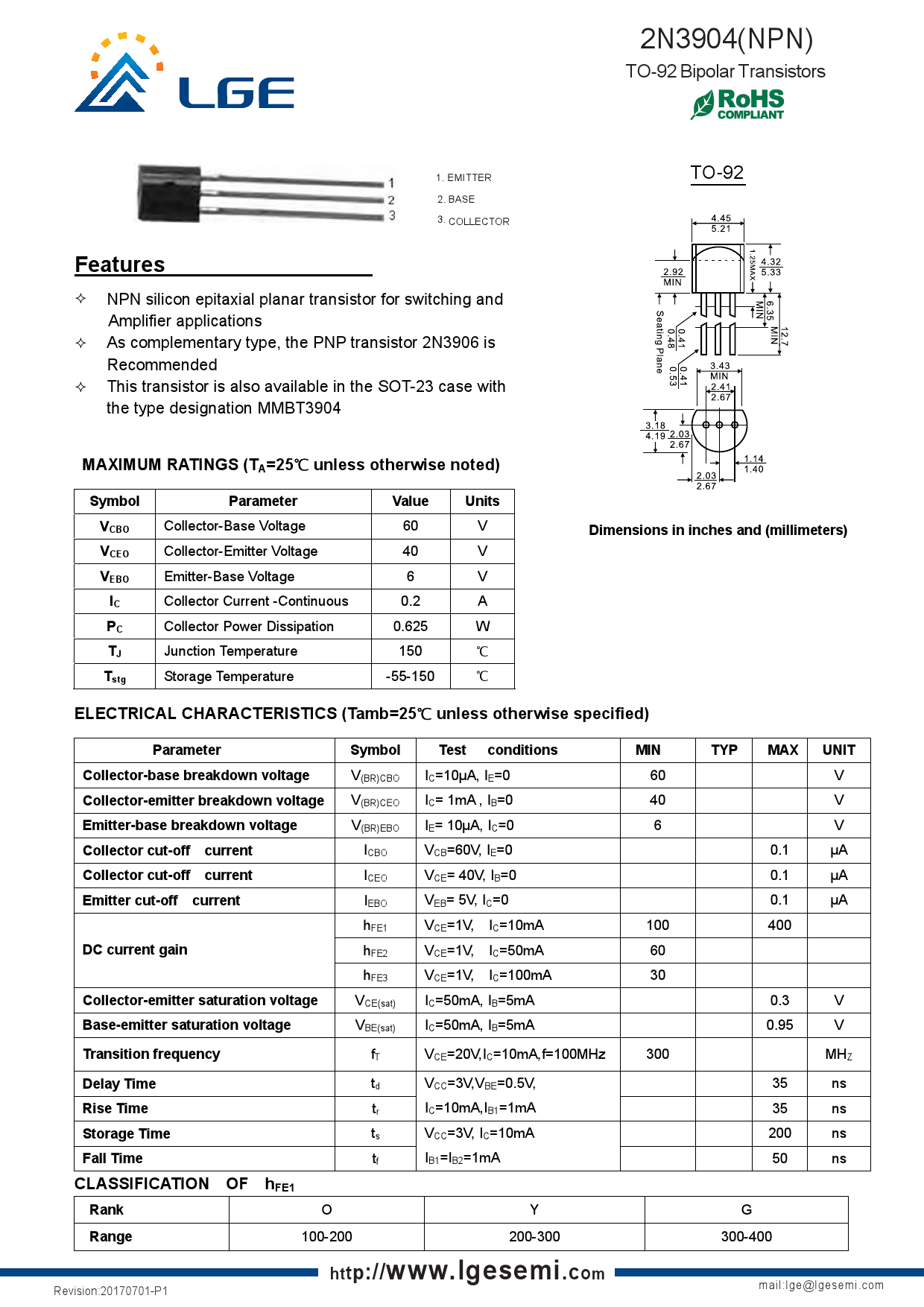 2N3904_（LGE(鲁光)）2N3904中文资料_价格_PDF手册-立创电子商城
