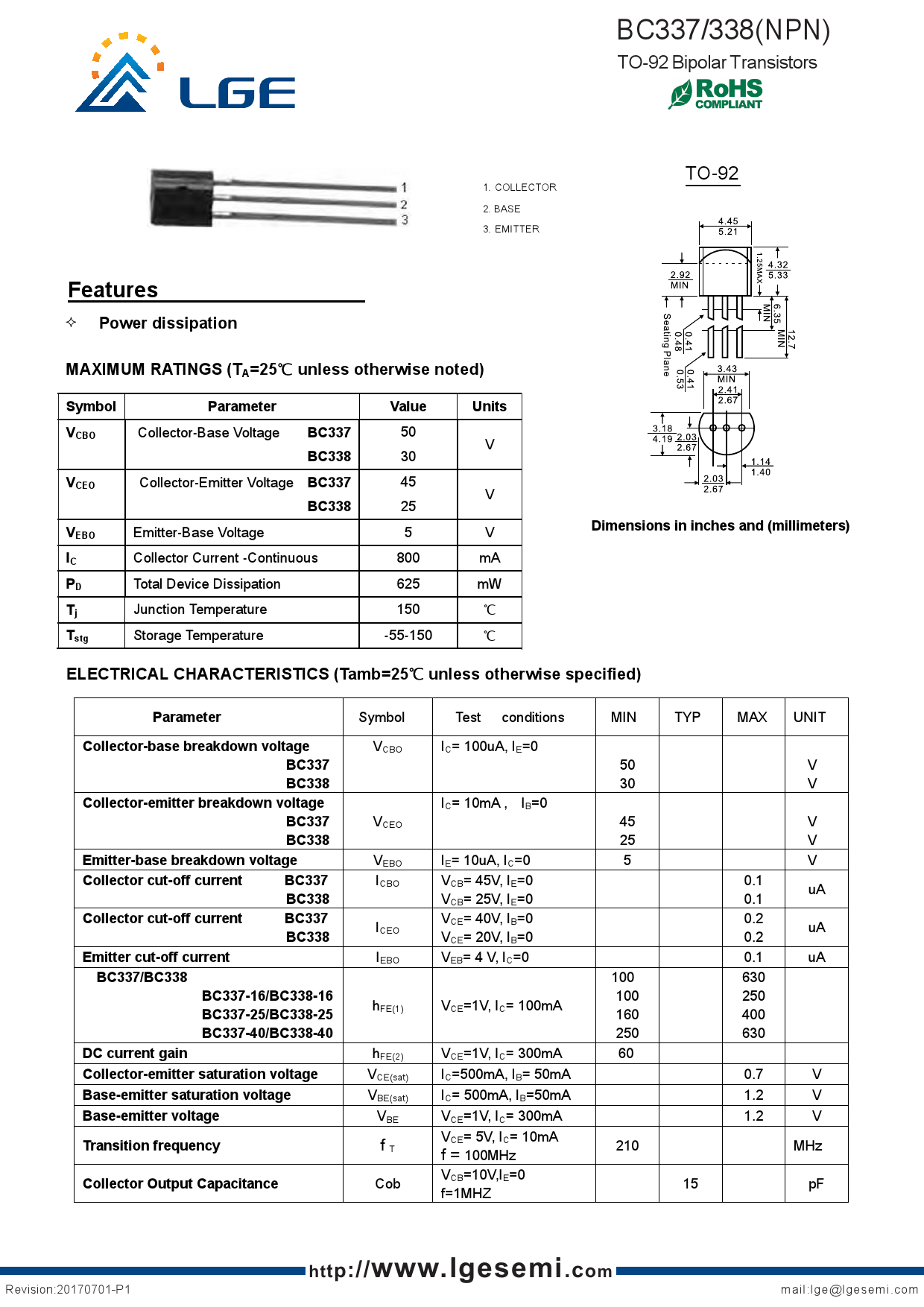 BC337-40_（LGE(鲁光)）BC337-40中文资料_价格_PDF手册-立创电子商城