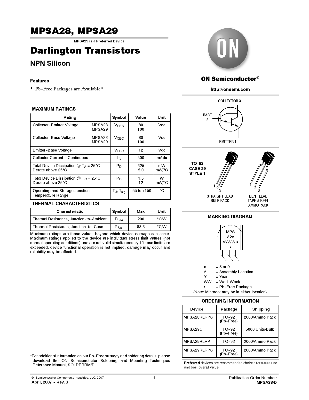 MPSA29_（onsemi(安森美)）MPSA29中文资料_价格_PDF手册-立创电子商城