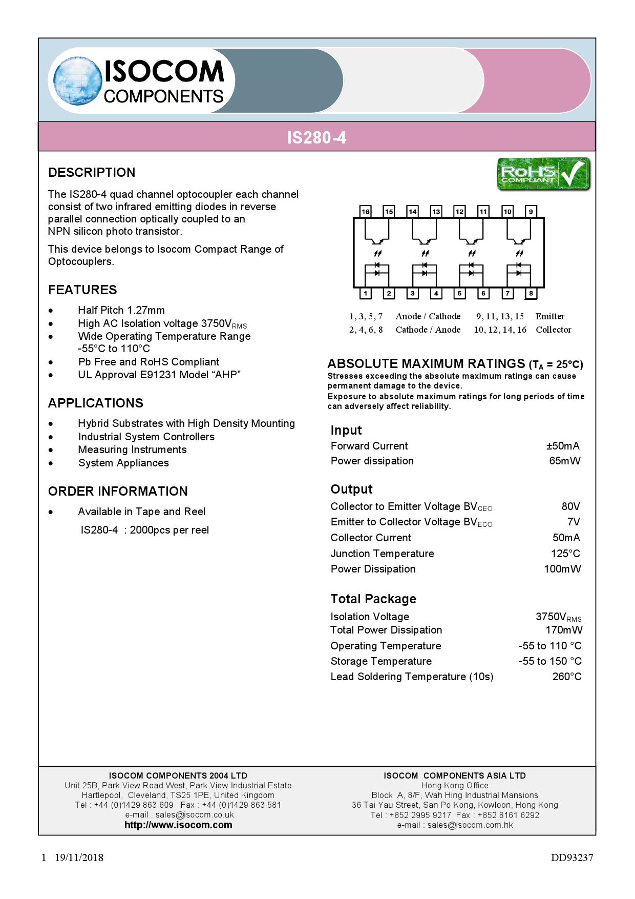 IS280-4_（ISOCOM(英国安数光)）IS280-4中文资料_价格_PDF手册-立创电子商城