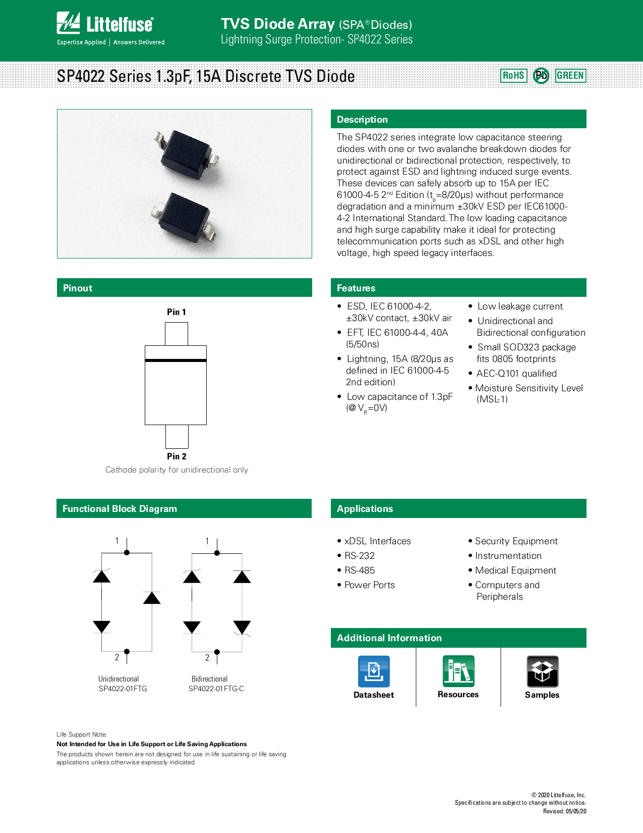 SP4022-01FTG-C_（Littelfuse(美国力特)）SP4022-01FTG-C中文资料_价格_PDF手册-立创电子商城