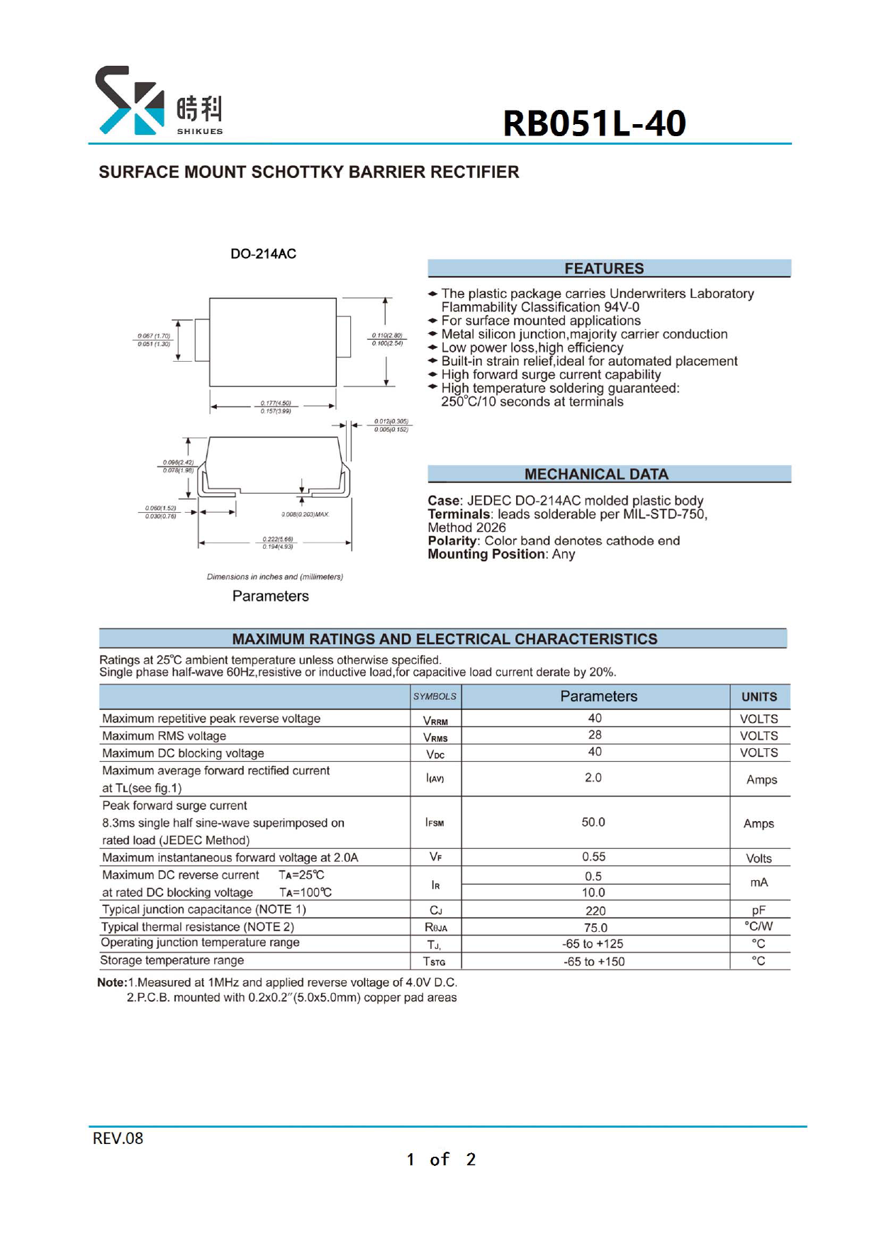 RB051L-40_（SHIKUES(时科)）RB051L-40中文资料_价格_PDF手册-立创电子商城