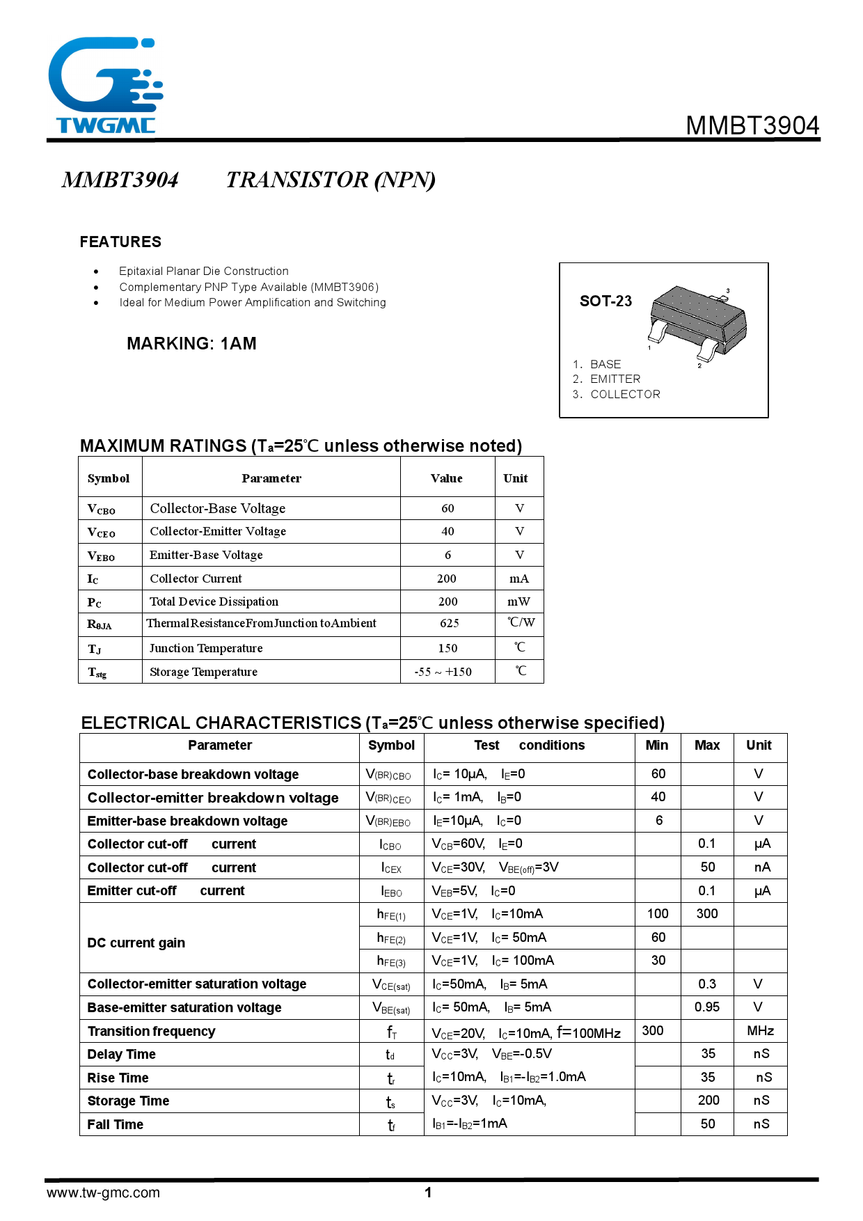 MMBT3904_（TWGMC(台湾迪嘉)）MMBT3904中文资料_价格_PDF手册-立创电子商城