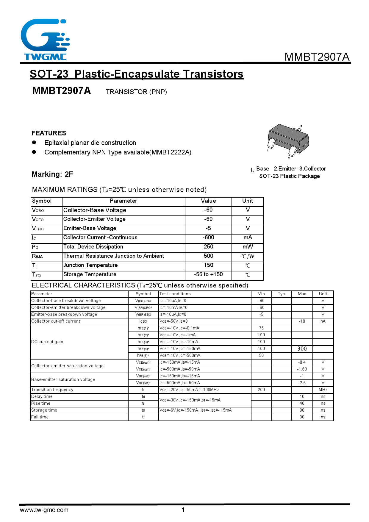 MMBT2907A_（TWGMC(台湾迪嘉)）MMBT2907A中文资料_价格_PDF手册-立创电子商城
