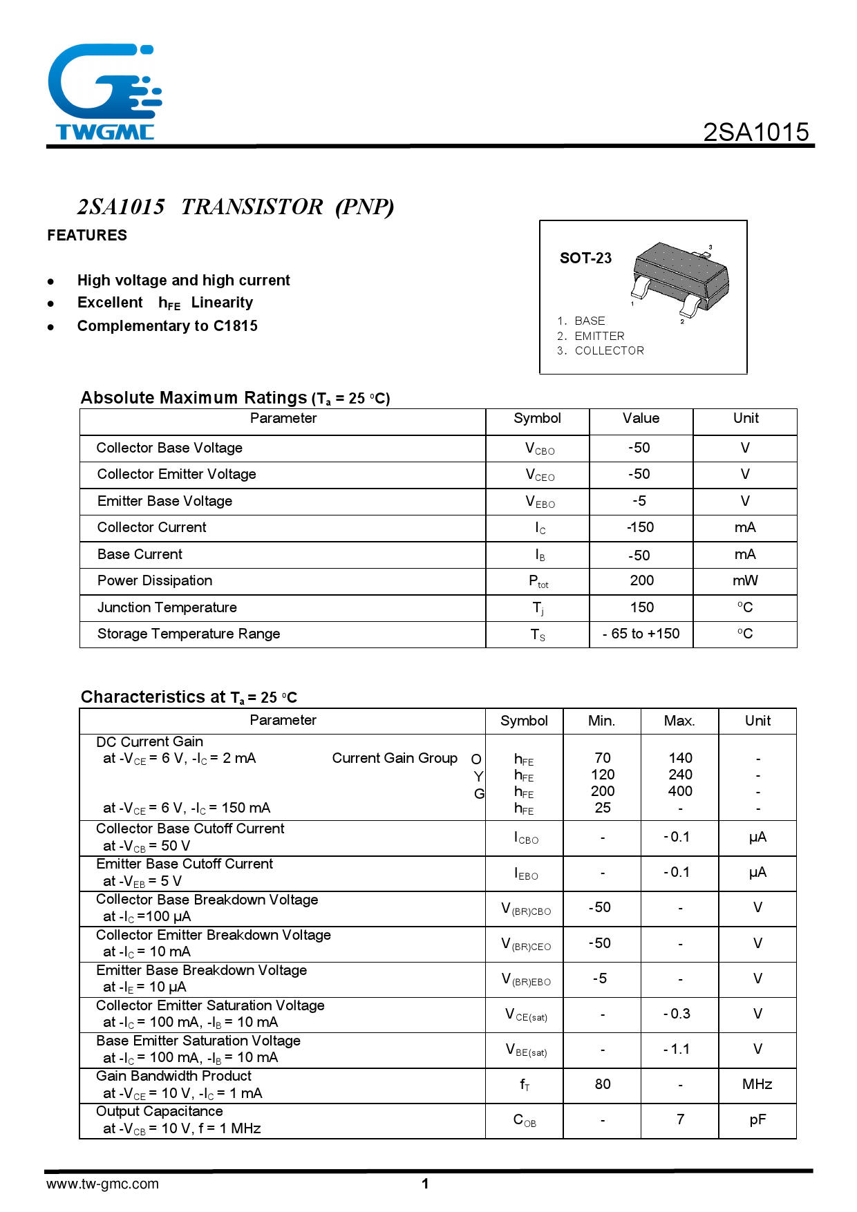 2SA1015_（TWGMC(台湾迪嘉)）2SA1015中文资料_价格_PDF手册-立创电子商城