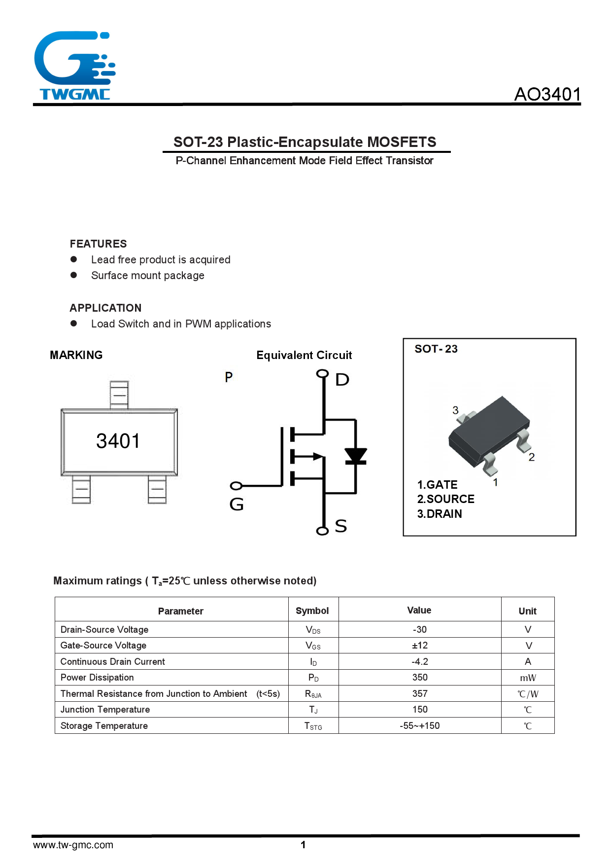 AO3401_（TWGMC(台湾迪嘉)）AO3401中文资料_价格_PDF手册-立创电子商城