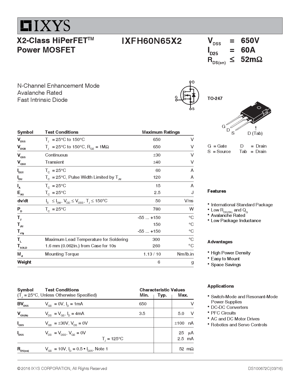 IXFH60N65X2_（IXYS）IXFH60N65X2中文资料_价格_PDF手册-立创电子商城