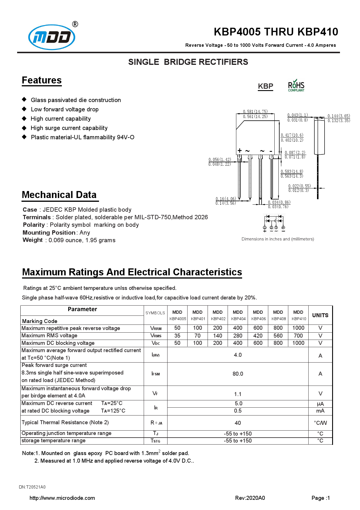KBP410_（MDD）KBP410中文资料_价格_PDF手册-立创电子商城