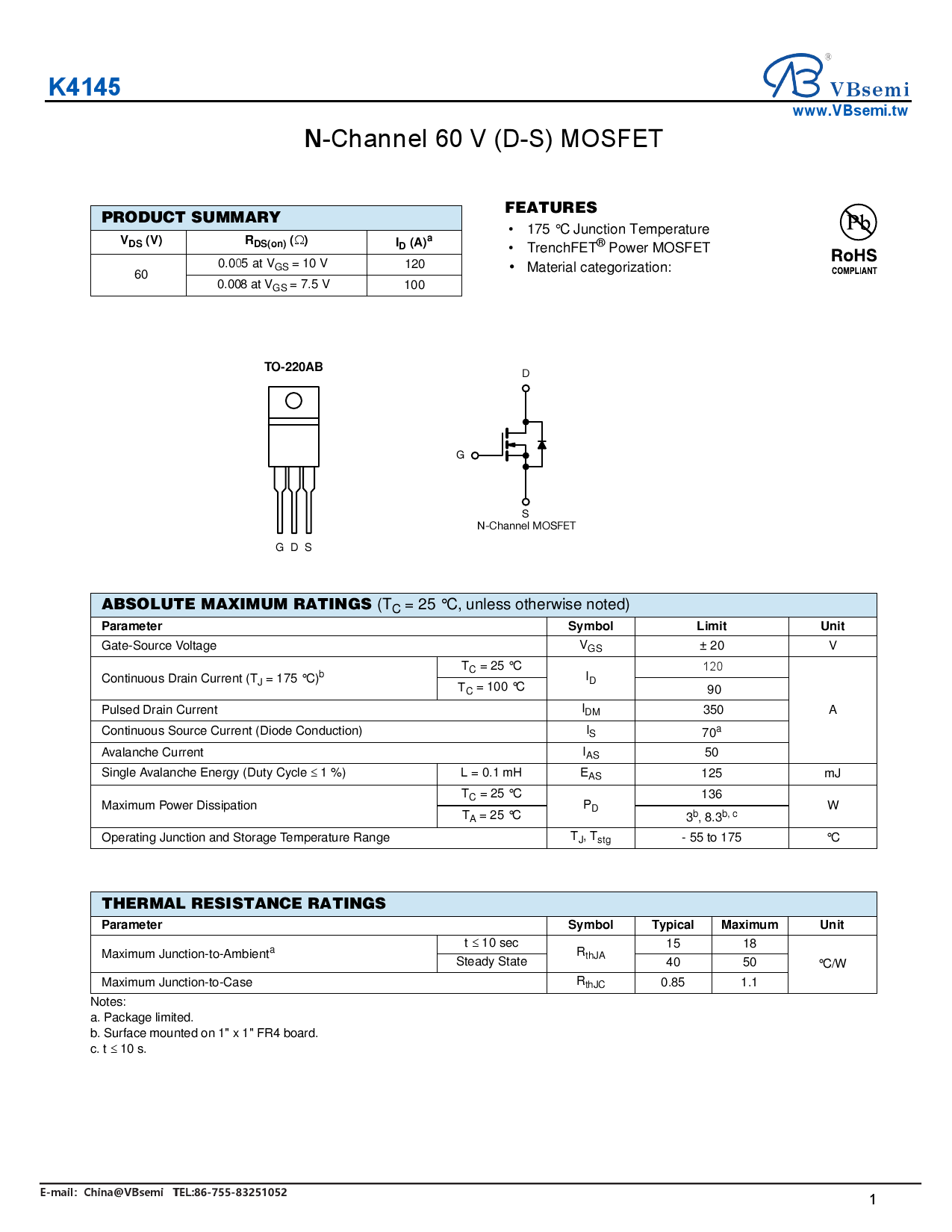 K4145_（VBsemi(微碧)）K4145中文资料_价格_PDF手册-立创电子商城