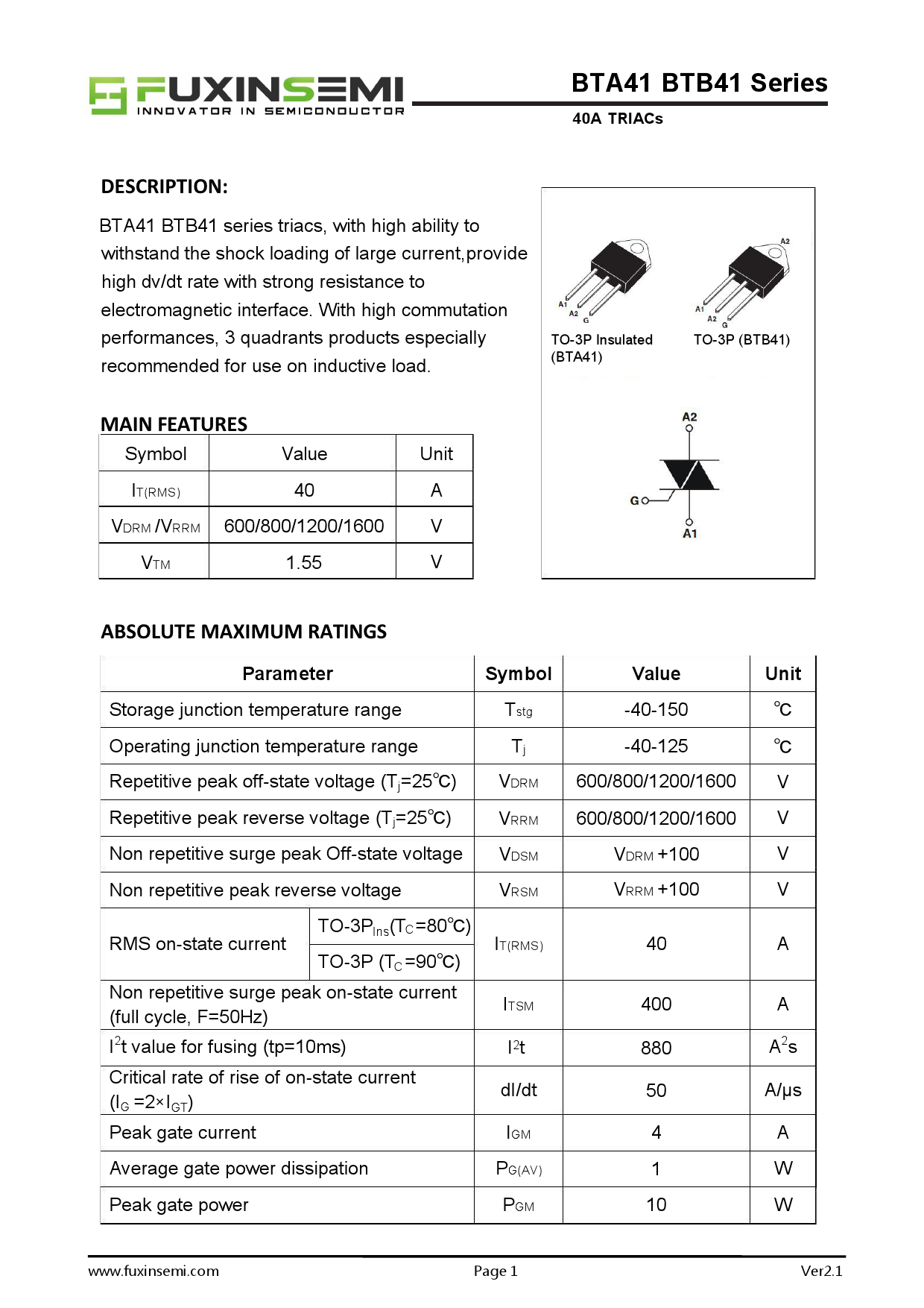 BTA41-800BW_（FUXINSEMI(富芯微)）BTA41-800BW中文资料_价格_PDF手册-立创电子商城