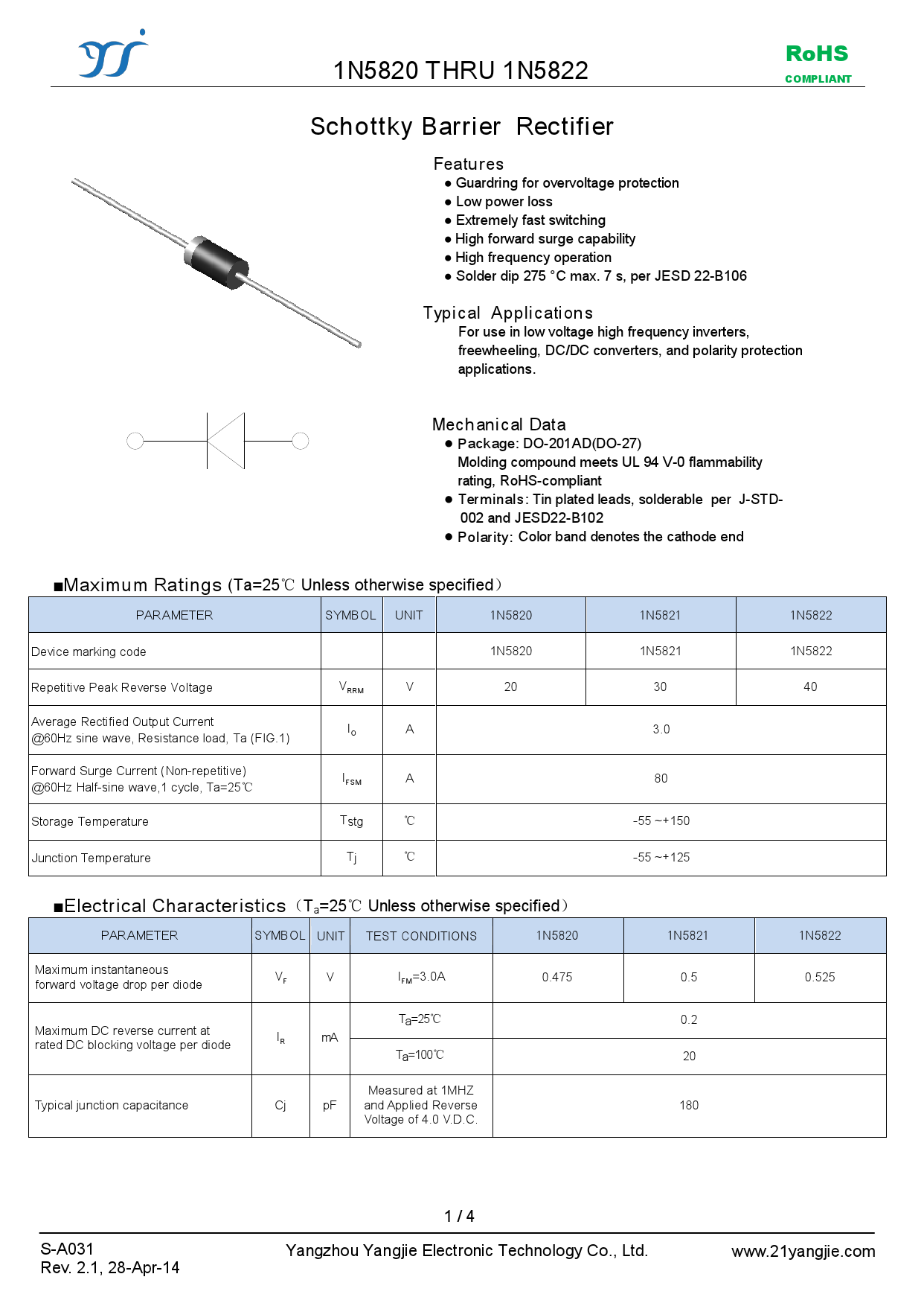 1N5822_（YANGJIE(扬杰)）1N5822中文资料_价格_PDF手册-立创电子商城