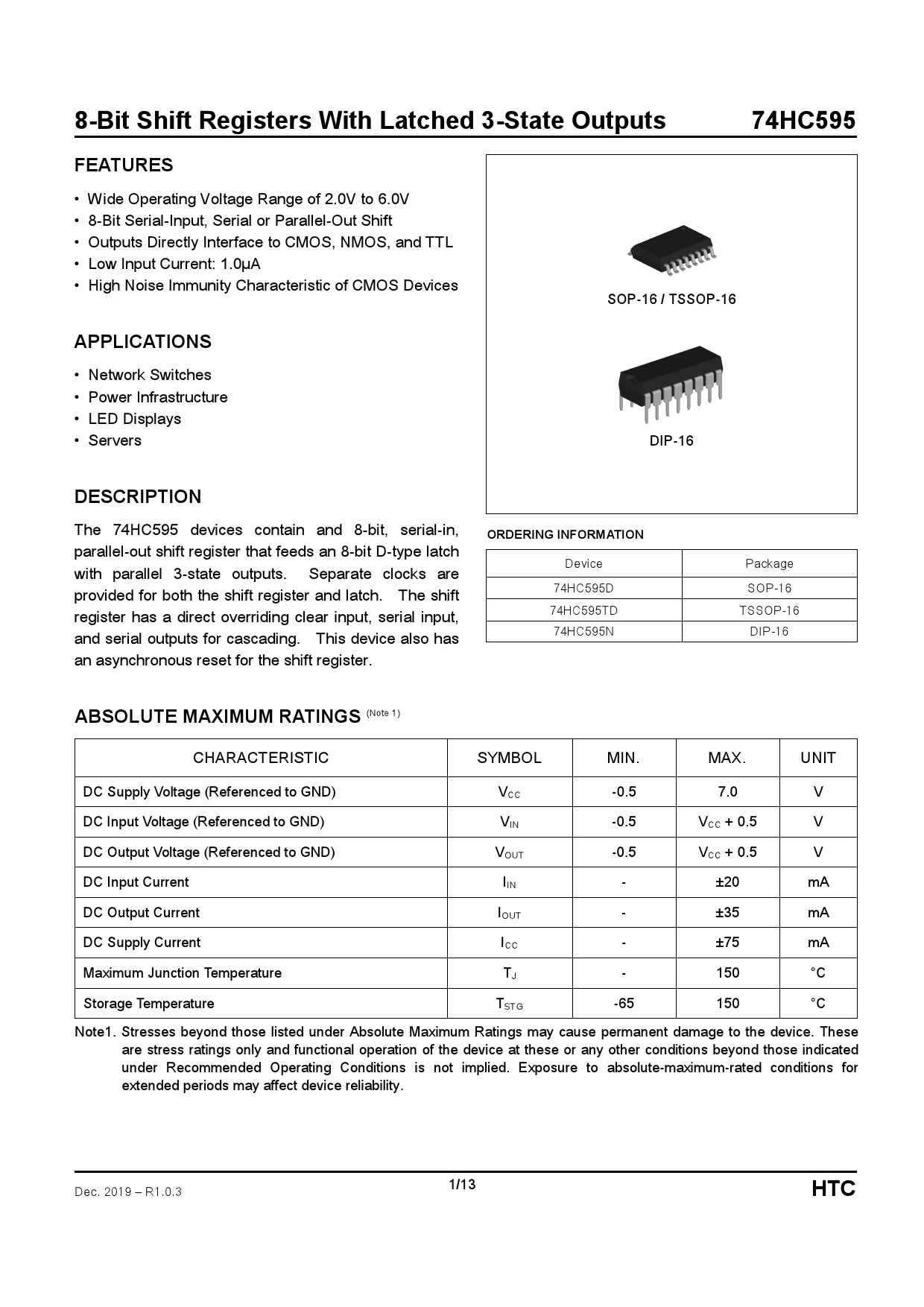 74HC595D_（HTC）74HC595D中文资料_价格_PDF手册-立创电子商城