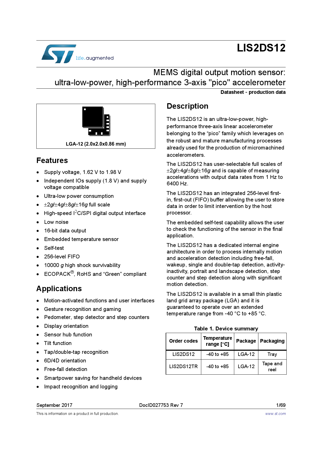 LIS2DS12_（ST(意法半导体)）LIS2DS12中文资料_价格_PDF手册-立创电子商城