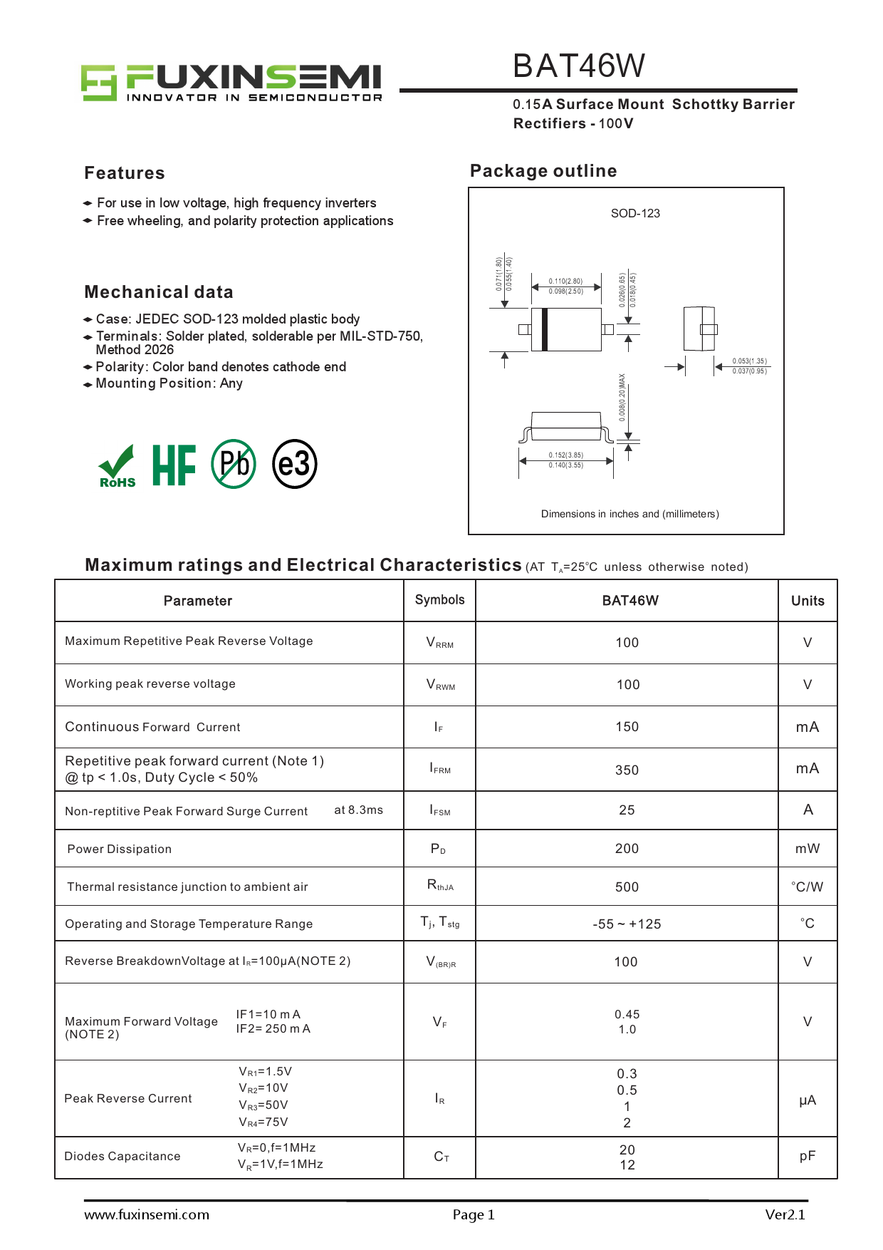 BAT46W_（FUXINSEMI(富芯森美)）BAT46W中文资料_价格_PDF手册-立创电子商城
