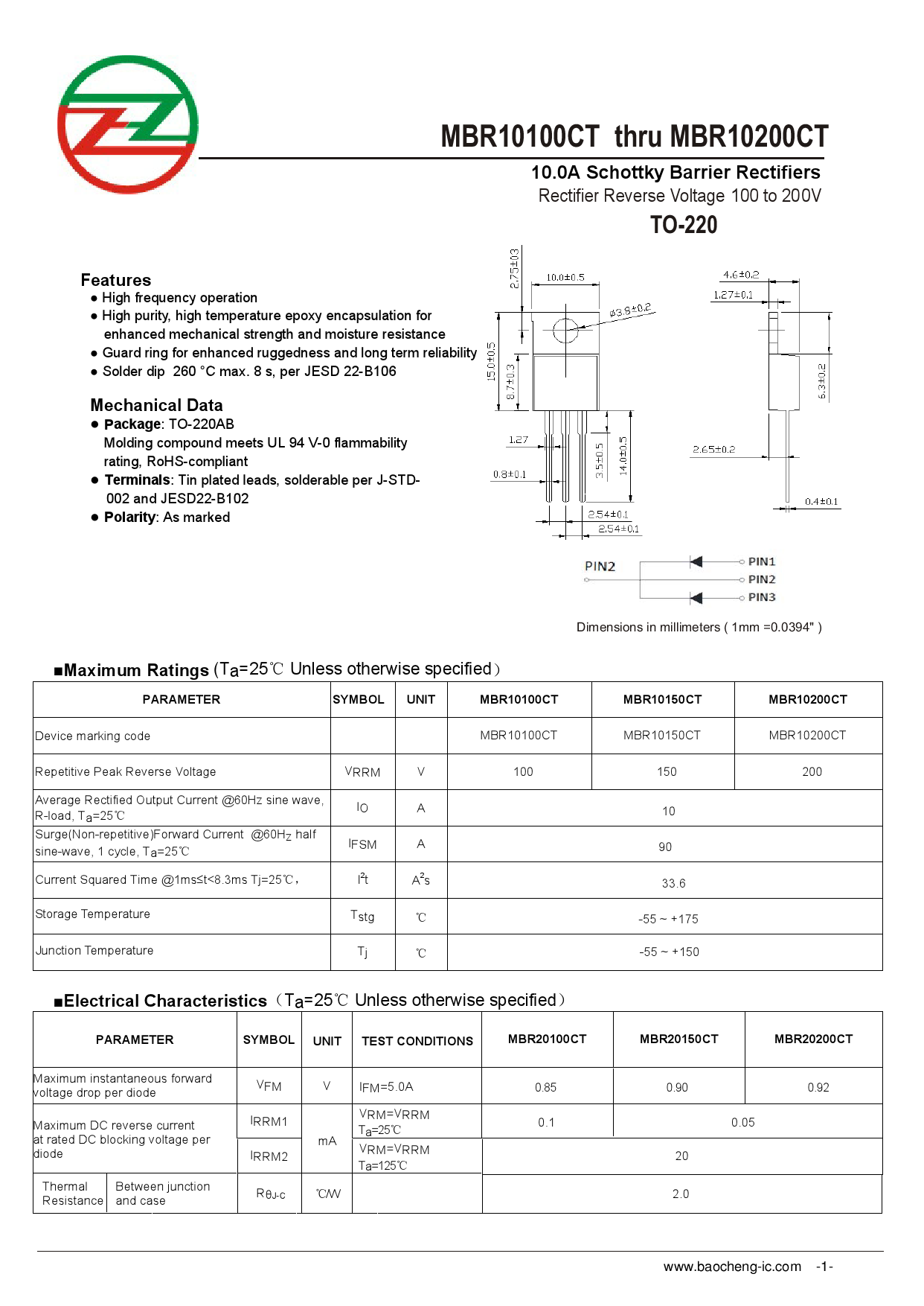MBR10100CT_（baocheng(宝乘)）MBR10100CT中文资料_价格_PDF手册-立创电子商城