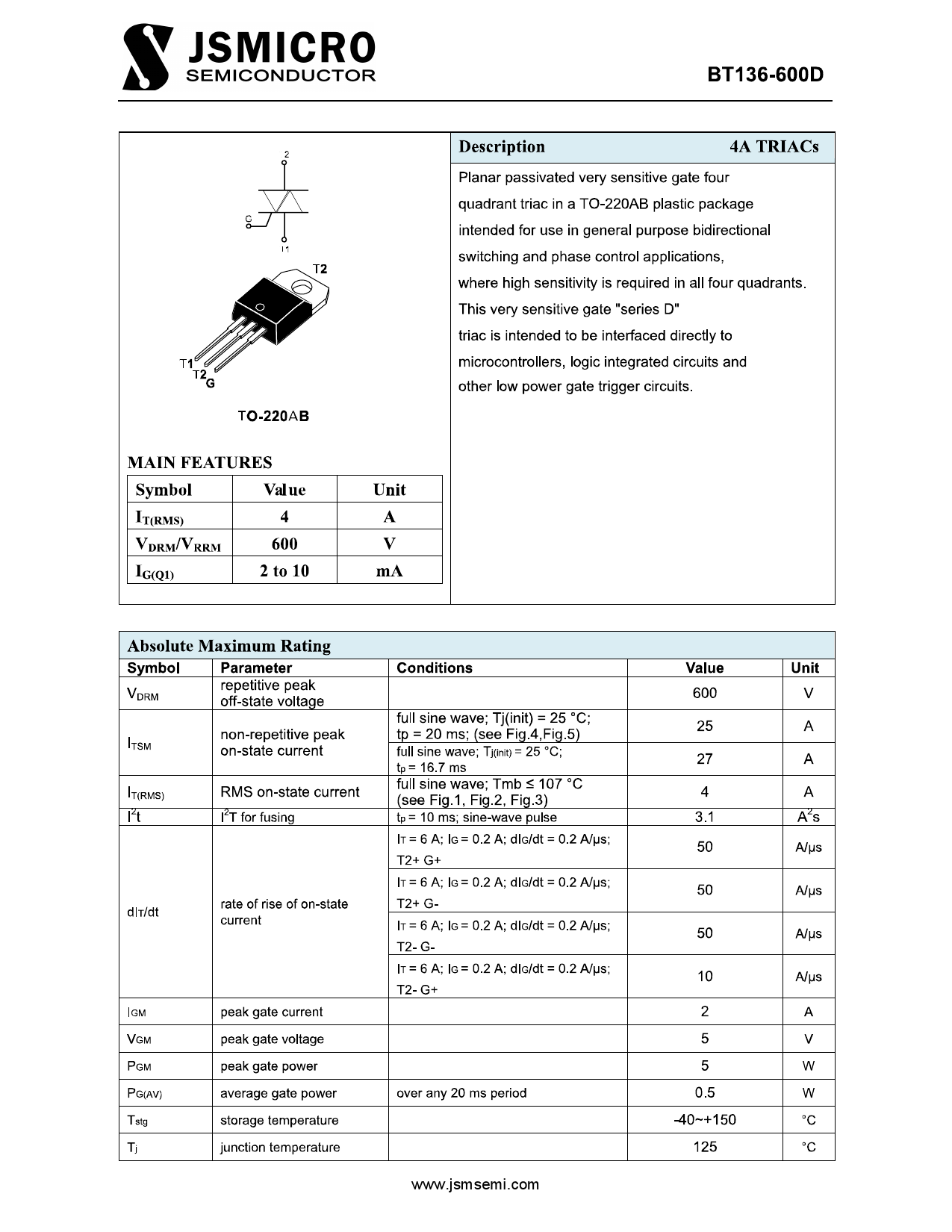 BT136-600D_（JSMSEMI(杰盛微)）BT136-600D中文资料_价格_PDF手册-立创电子商城